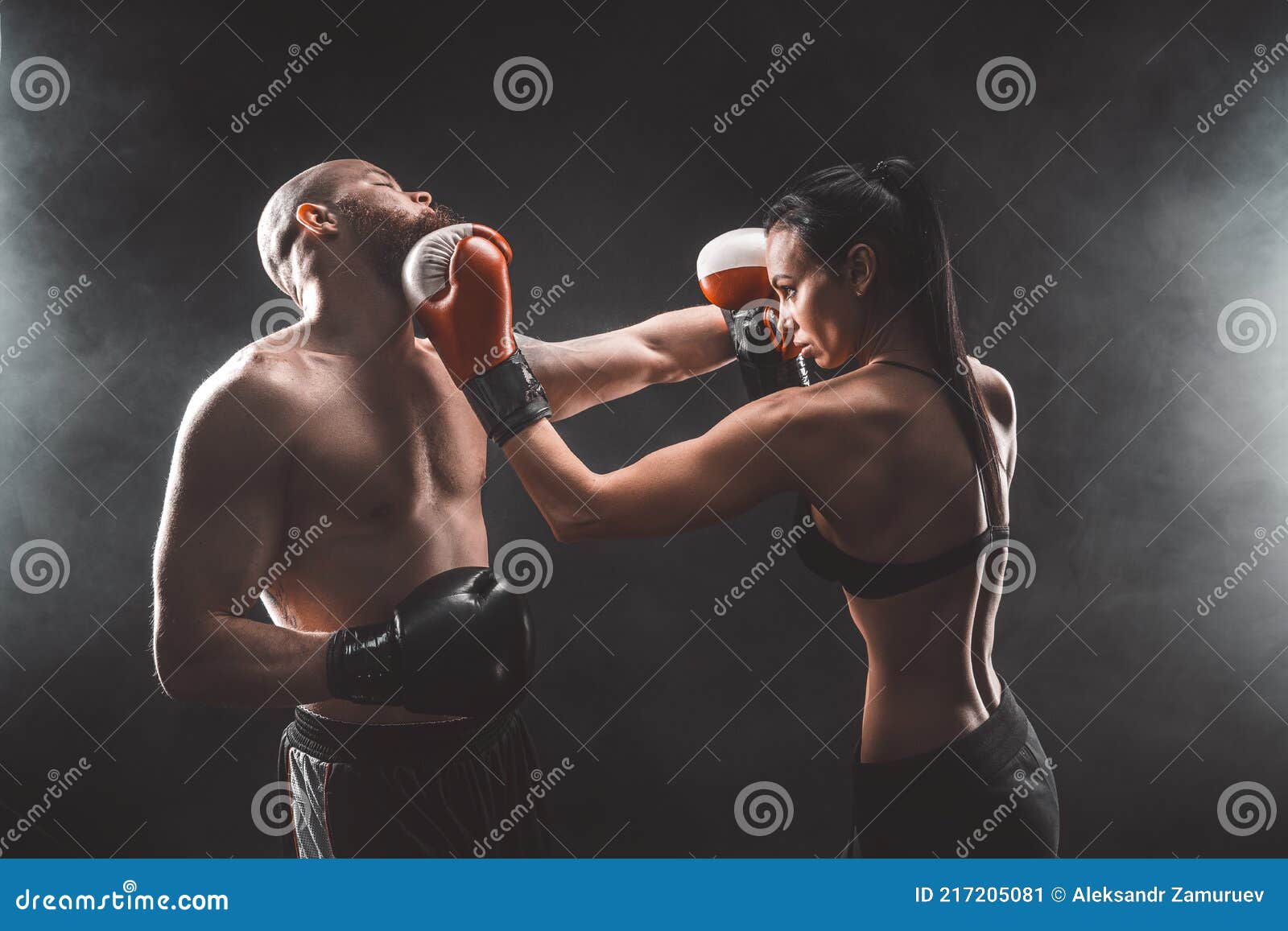 Shirtless Woman Exercising With Trainer At Boxing And Self Defen Stock Image Image Of Adult