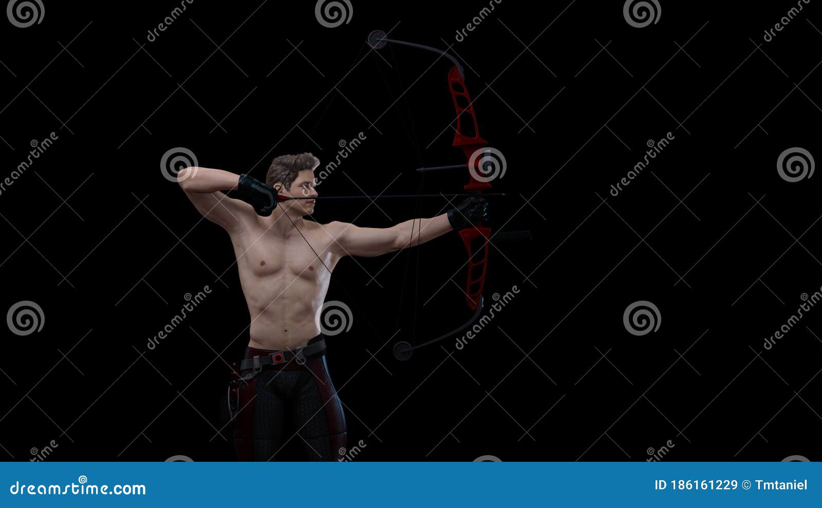 3D Render : A Shirtless Young Male Archer Pose Practicing Archery In ...