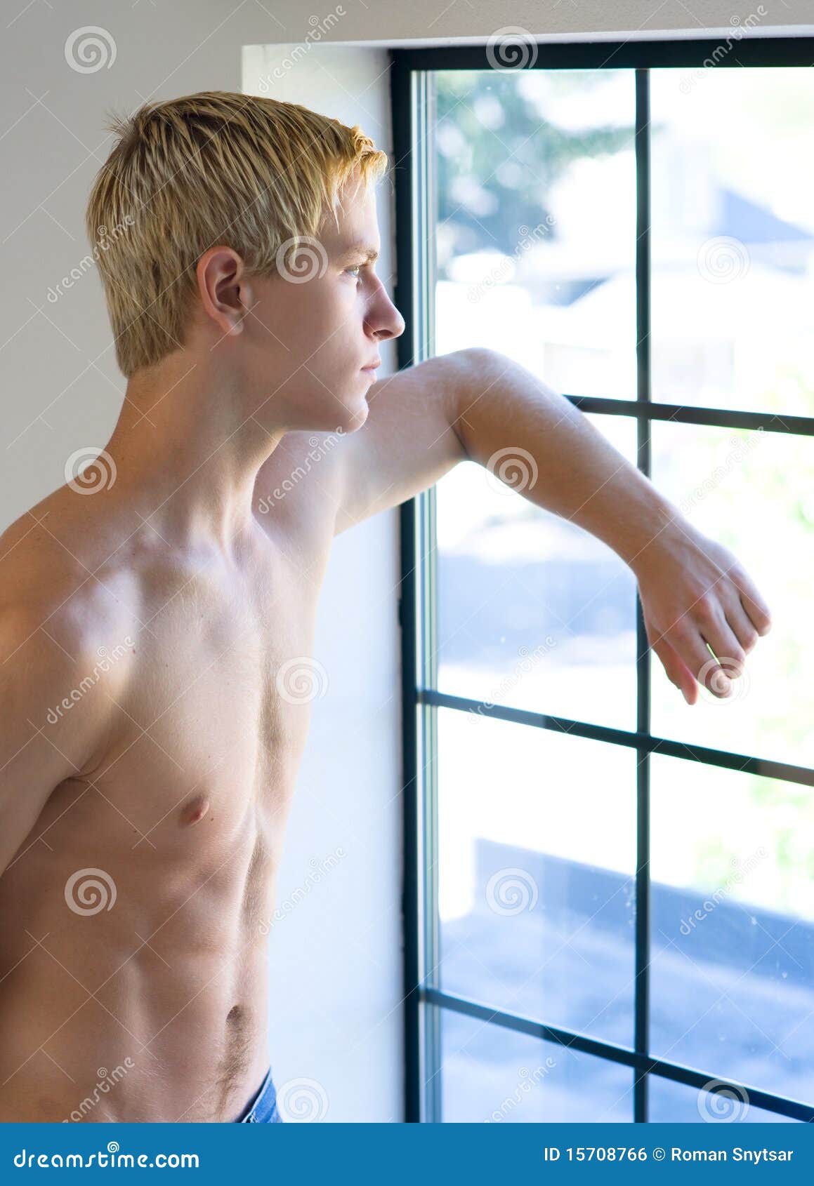 Shirtless Young Man Looking Out of the Window Stock Photo - Image of ...