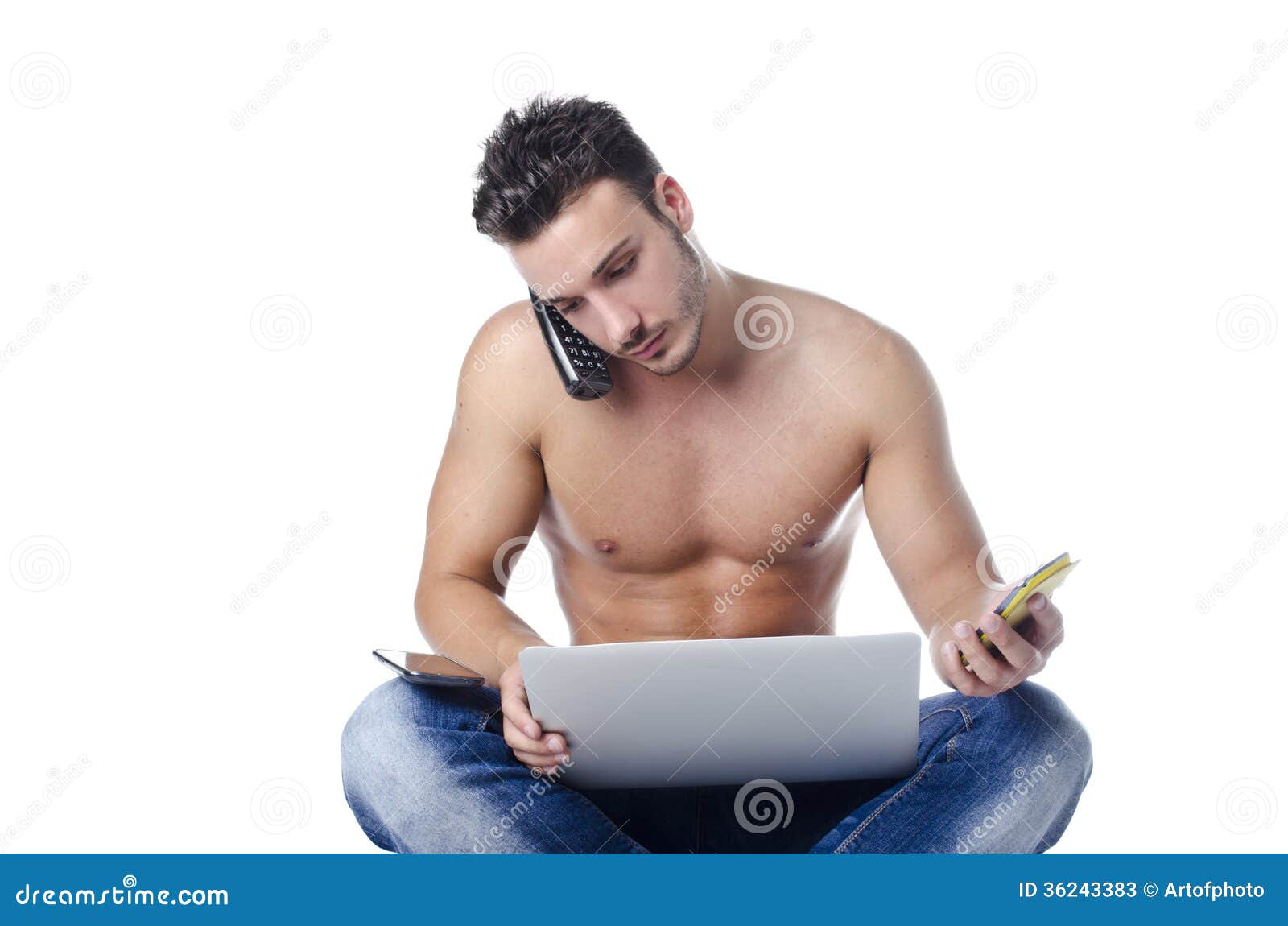Shirtless Young Man Overwhelmed by Technology: PC, Tablet, Phones Stock ...