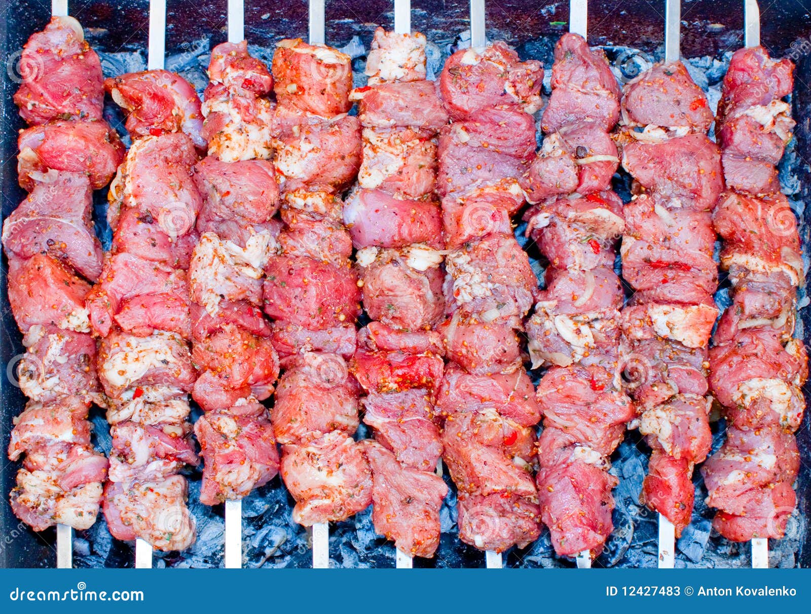 Shish Kebab is Being Grilled Over the Grill. Stock Image - Image of ...