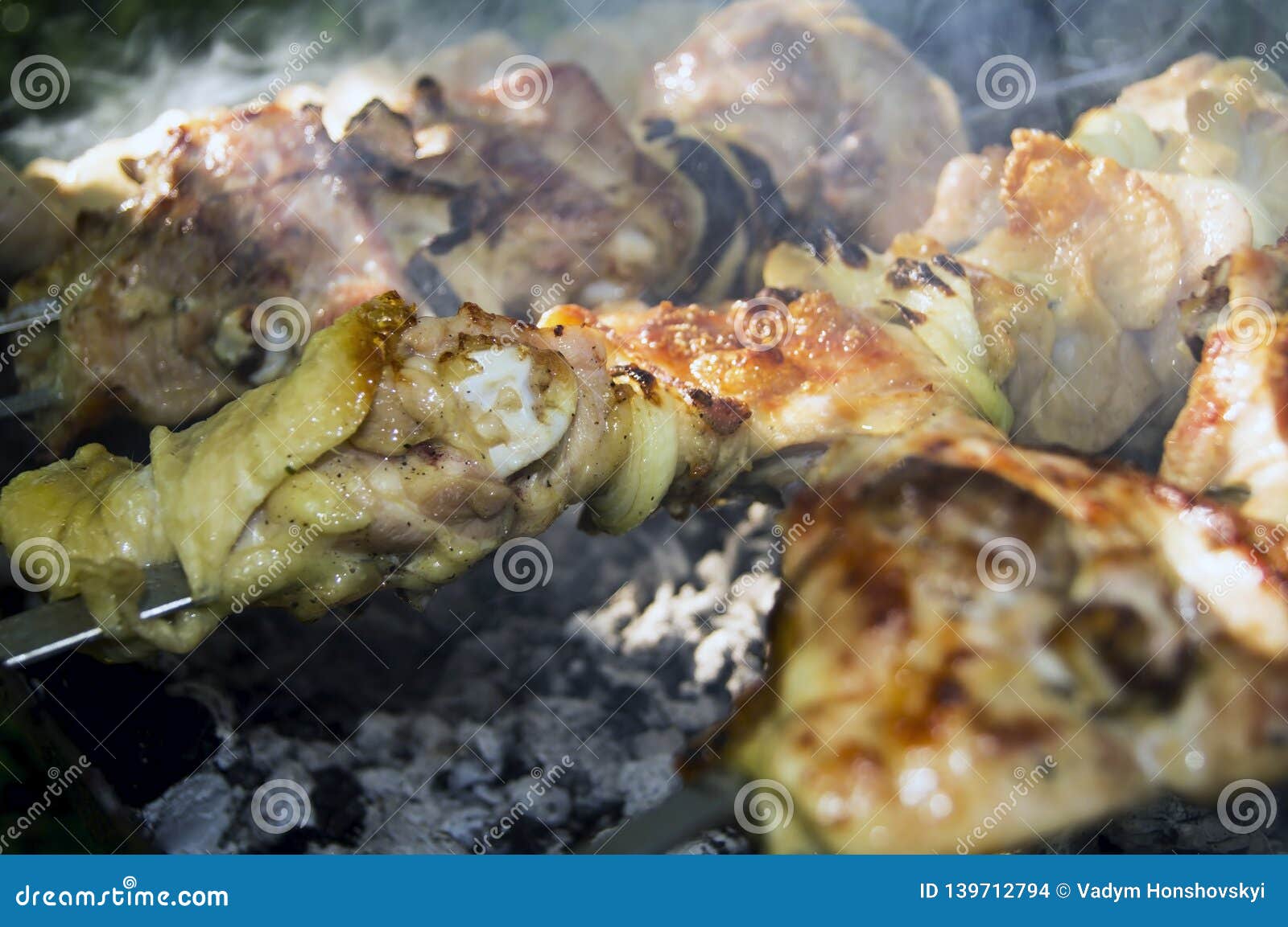Shish Kebab with Chicken Meat on Grill Stock Photo - Image of delicious ...