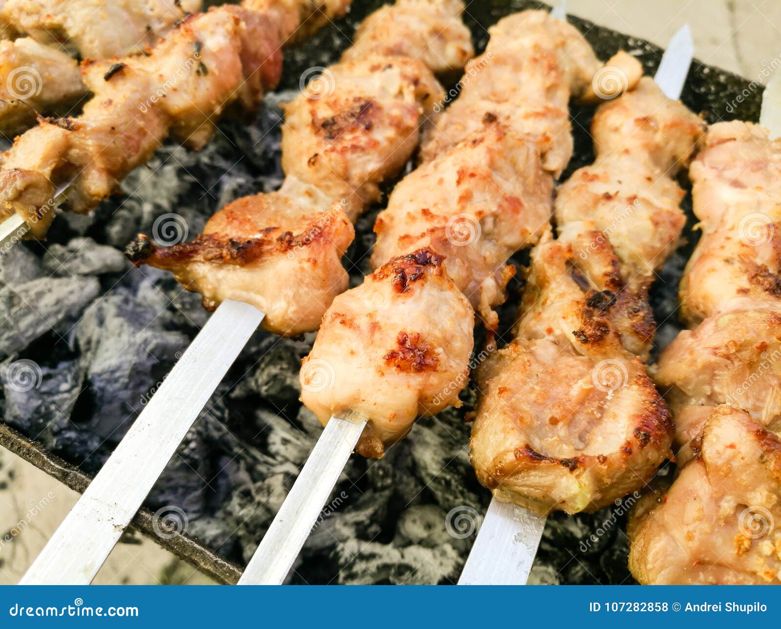 Shish Kebab on Metal Sticks Roasted on the Grill Stock Photo - Image of ...