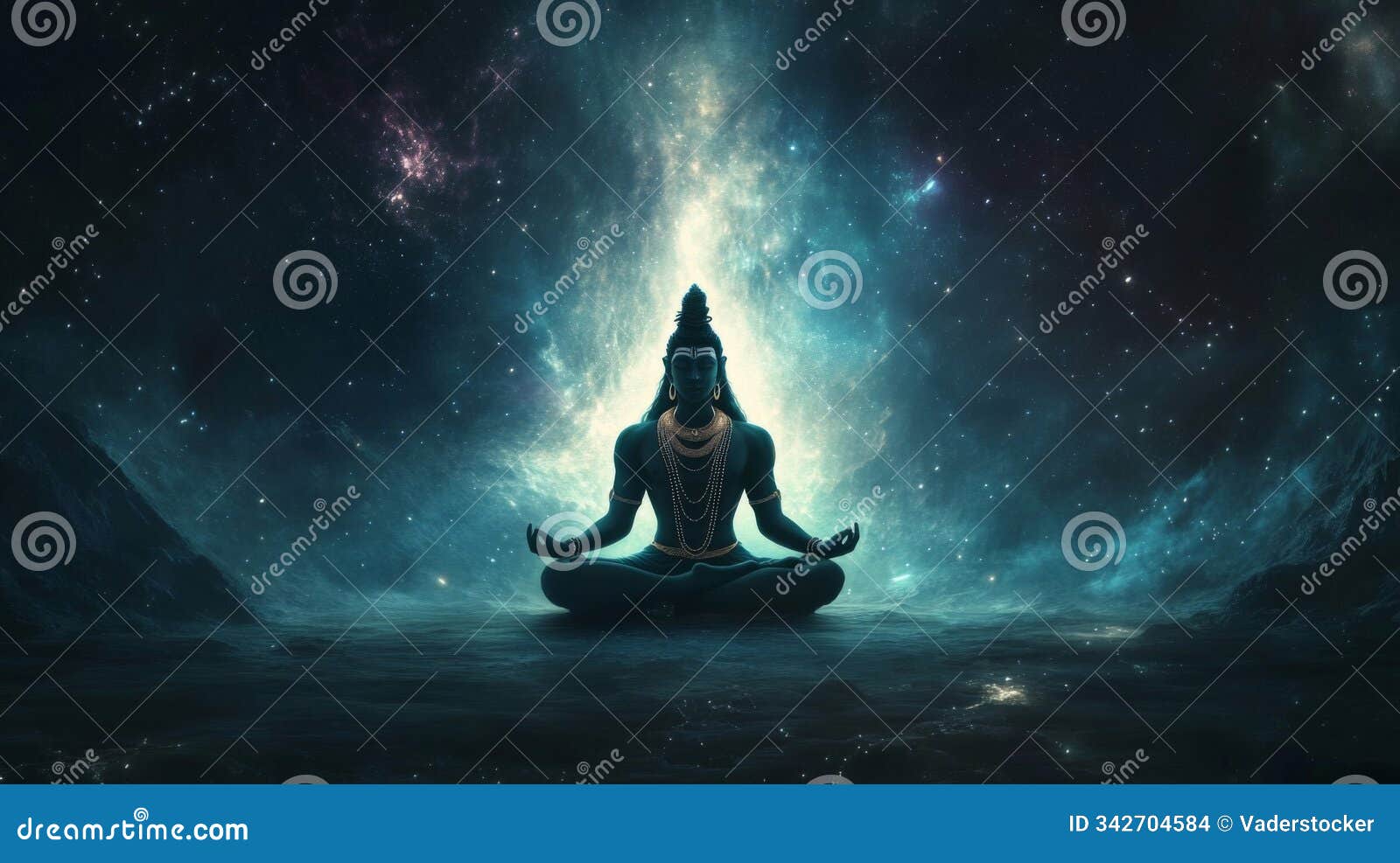 Shiva Meditating in a Cosmic Landscape with Stars Stock Illustration ...