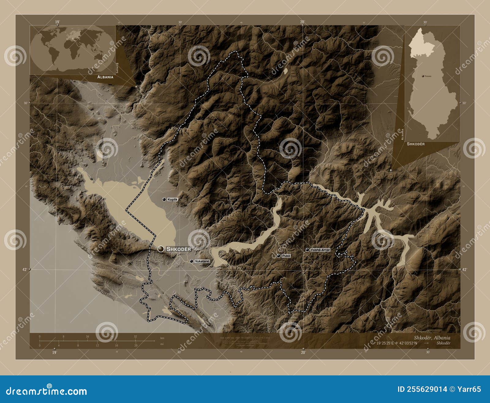 Shkoder, Albania. Sepia. Labelled Points of Cities Stock Illustration ...
