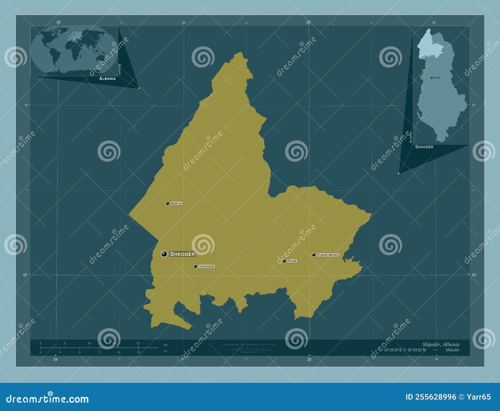 Shkoder, Albania. Solid. Labelled Points of Cities Stock Illustration ...