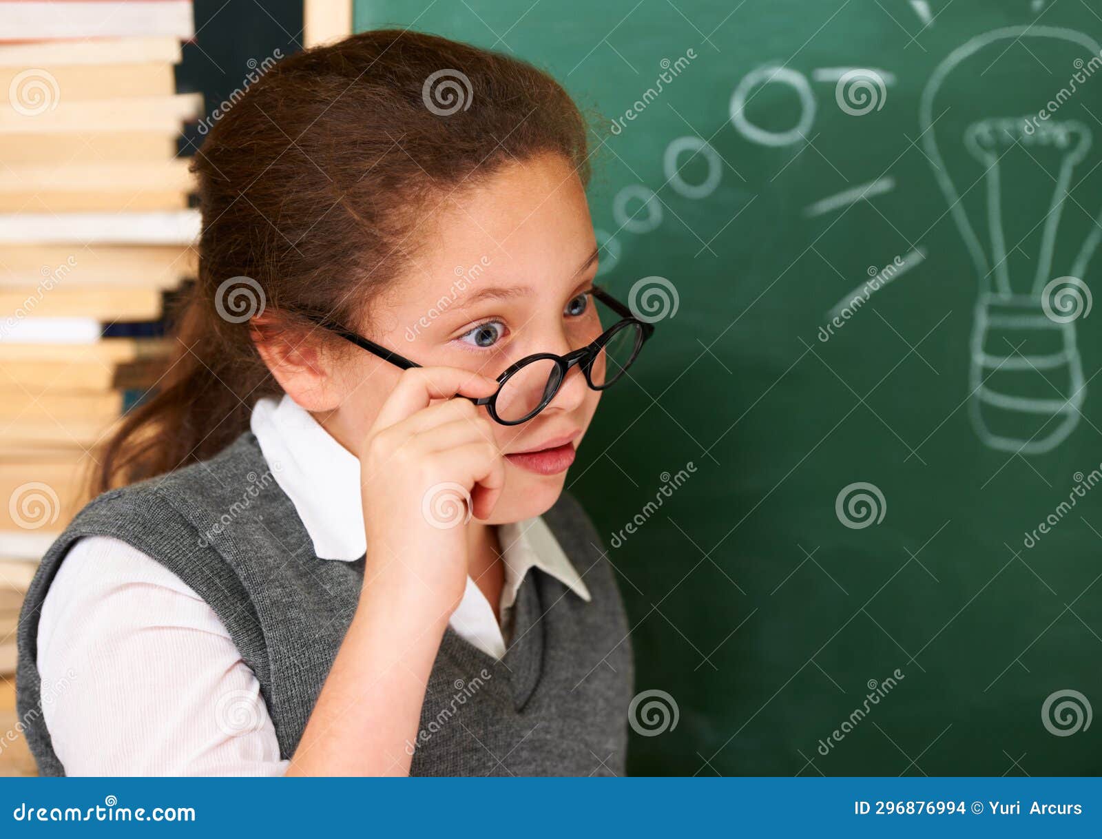 Shock, Idea and Student with Light Bulb on Board for Planning, Decision ...