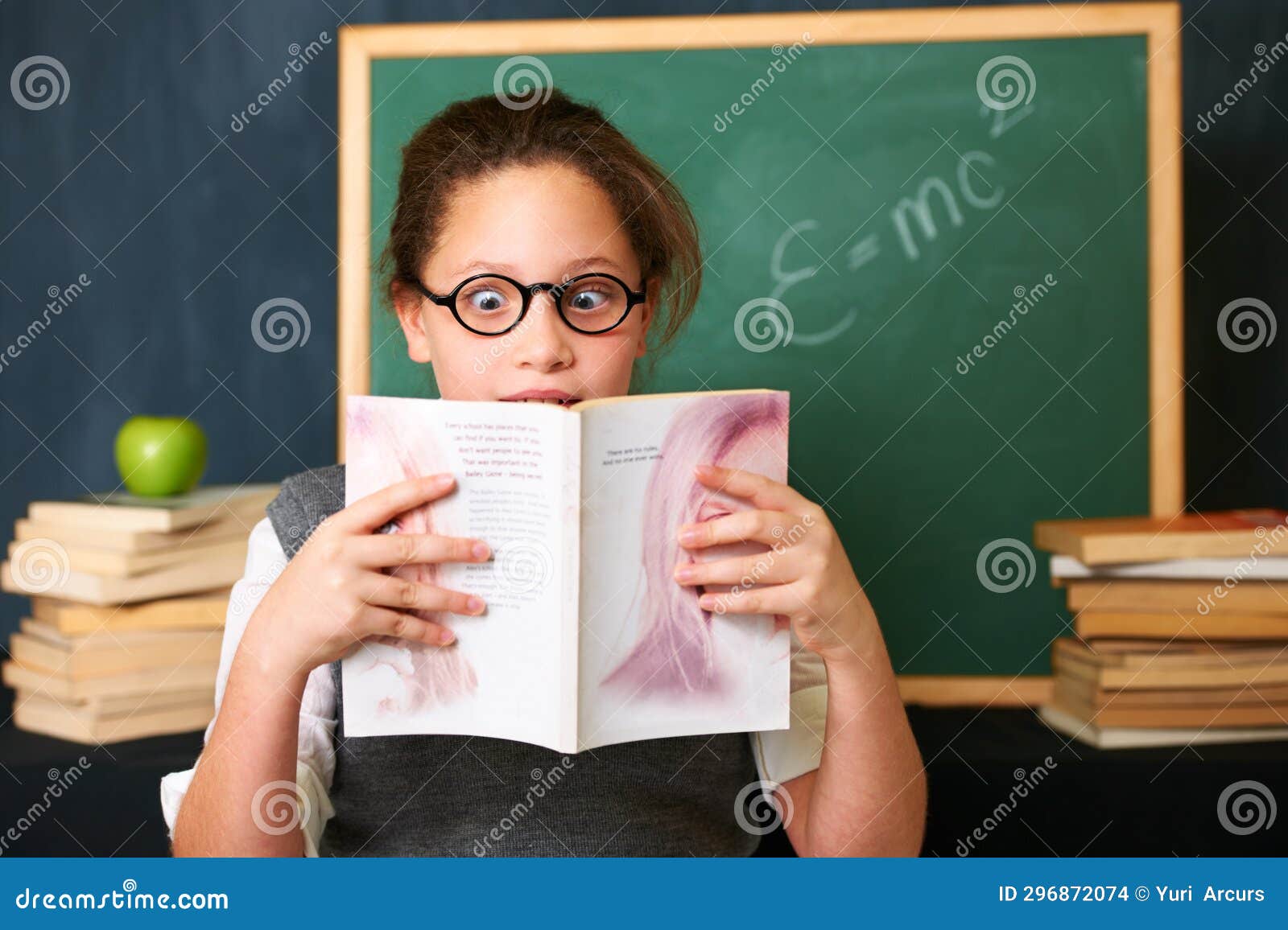 Shock, Reading and Child Student with a Book in the Classroom for ...