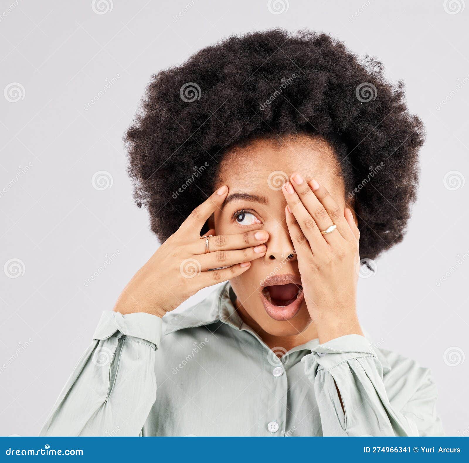 Shock, Scared and a Black Woman Looking through Hands Isolated on a ...