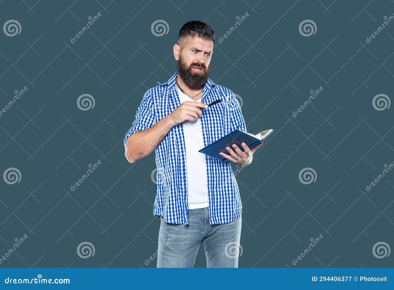 Shocked Bearded Man Making Notes in Book on Grey Background Stock Image ...
