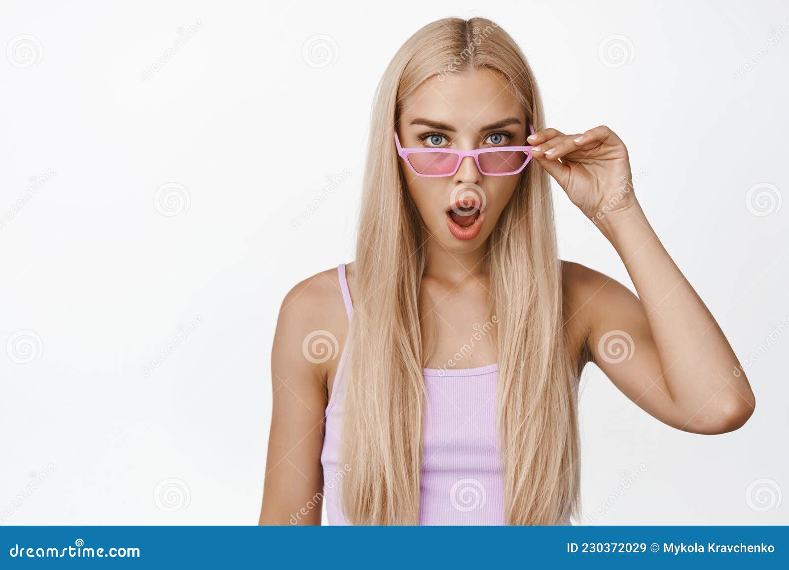 Shocked Blond Girl Takes Off Sunglasses Say Wow And Stare Startled At