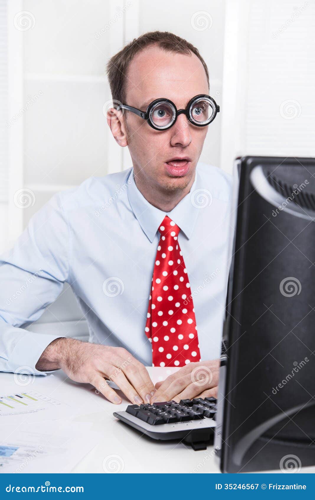 Shocked Businessman at Desk Staring at Computer and Can T Believ Stock ...