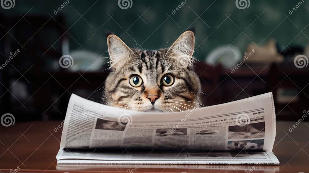 Shocked Cat Reading a Newspaper Stock Photo - Image of card, design ...