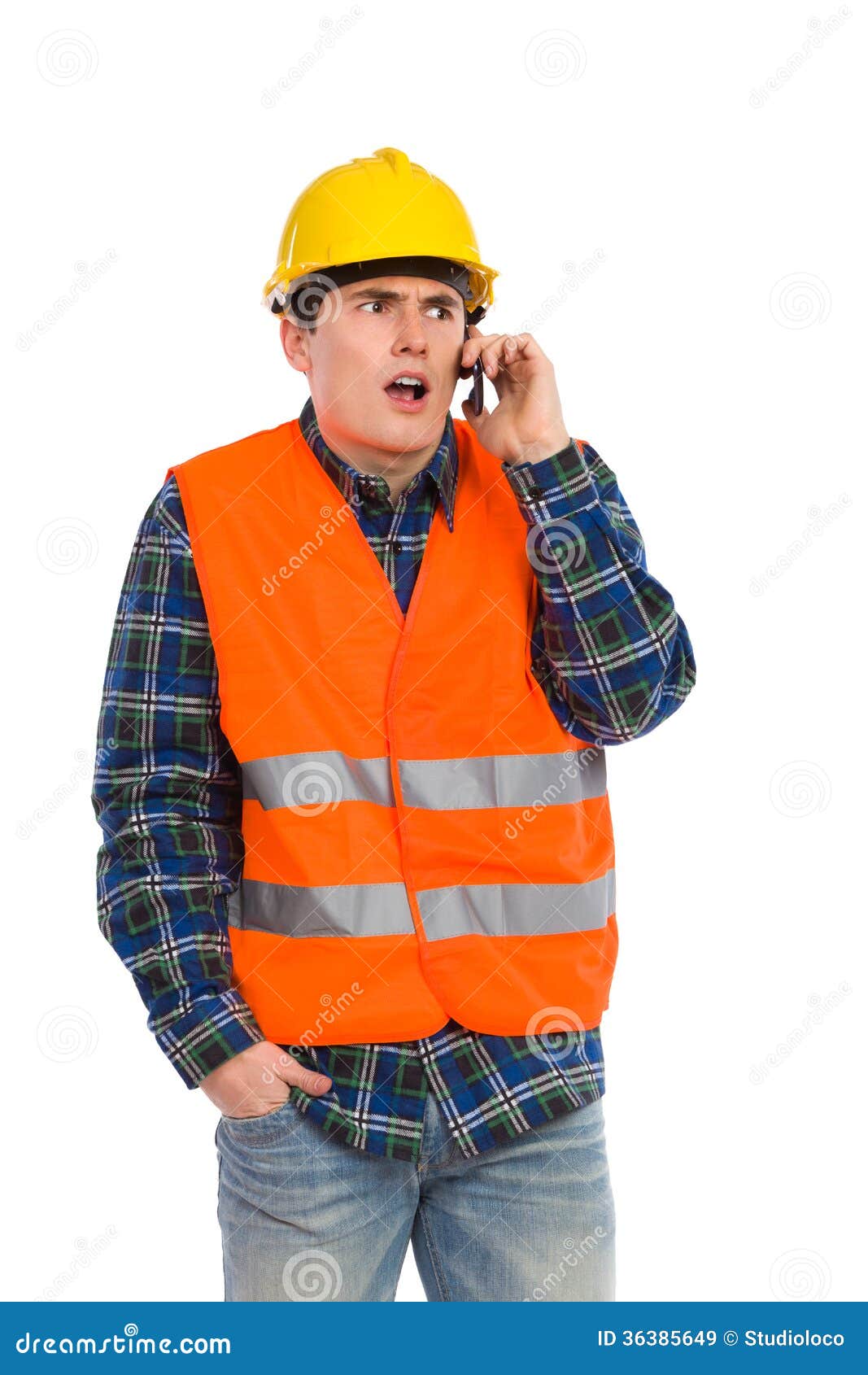 Shocked Engineer Using Cell Phone. Stock Image - Image of isolated ...