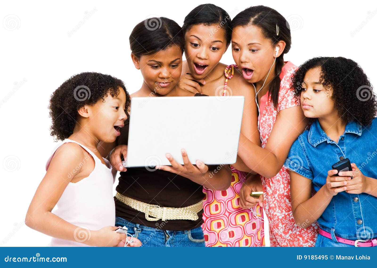 Five Shocked Multiracial Women Touching Face Posing Over Purple ...