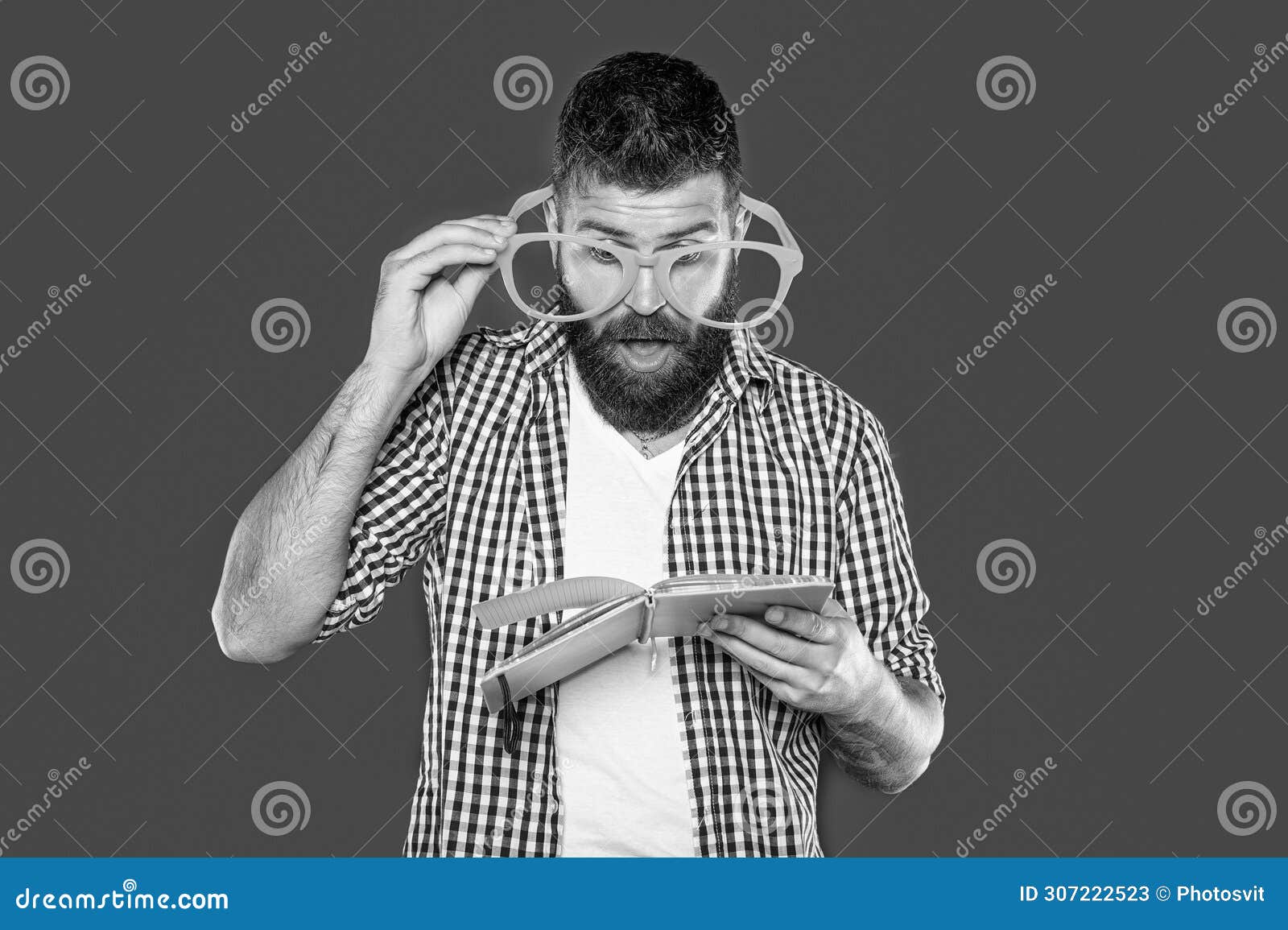 Shocked Funny Bearded Man In Party Glasses Read Book Stock Image