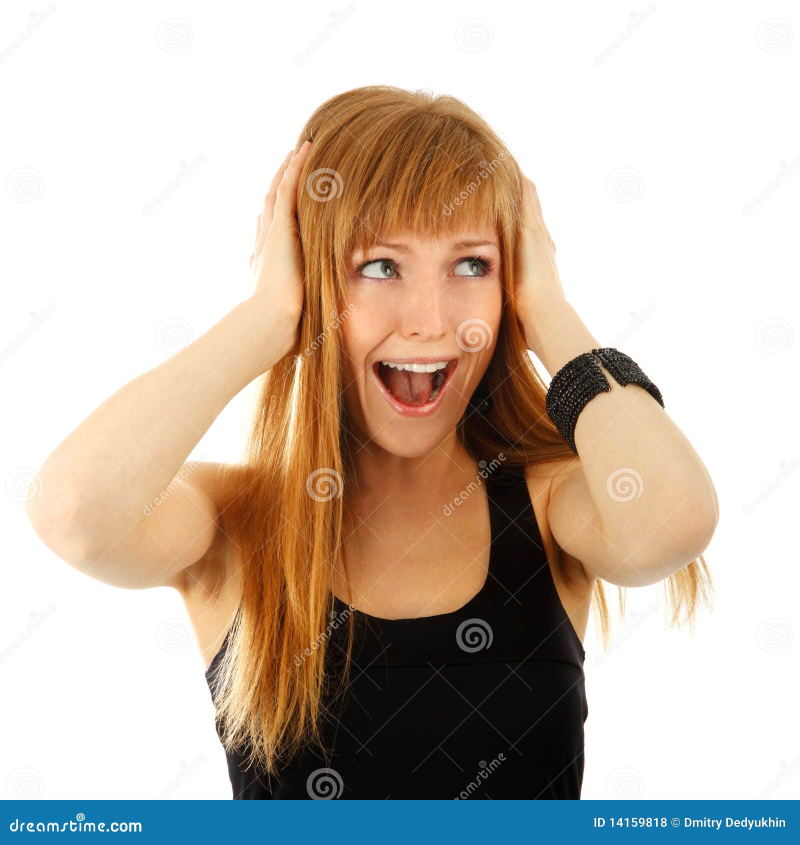 Shocked Girl Lying On Studio Background With Orange Fruits On Long Hair ...