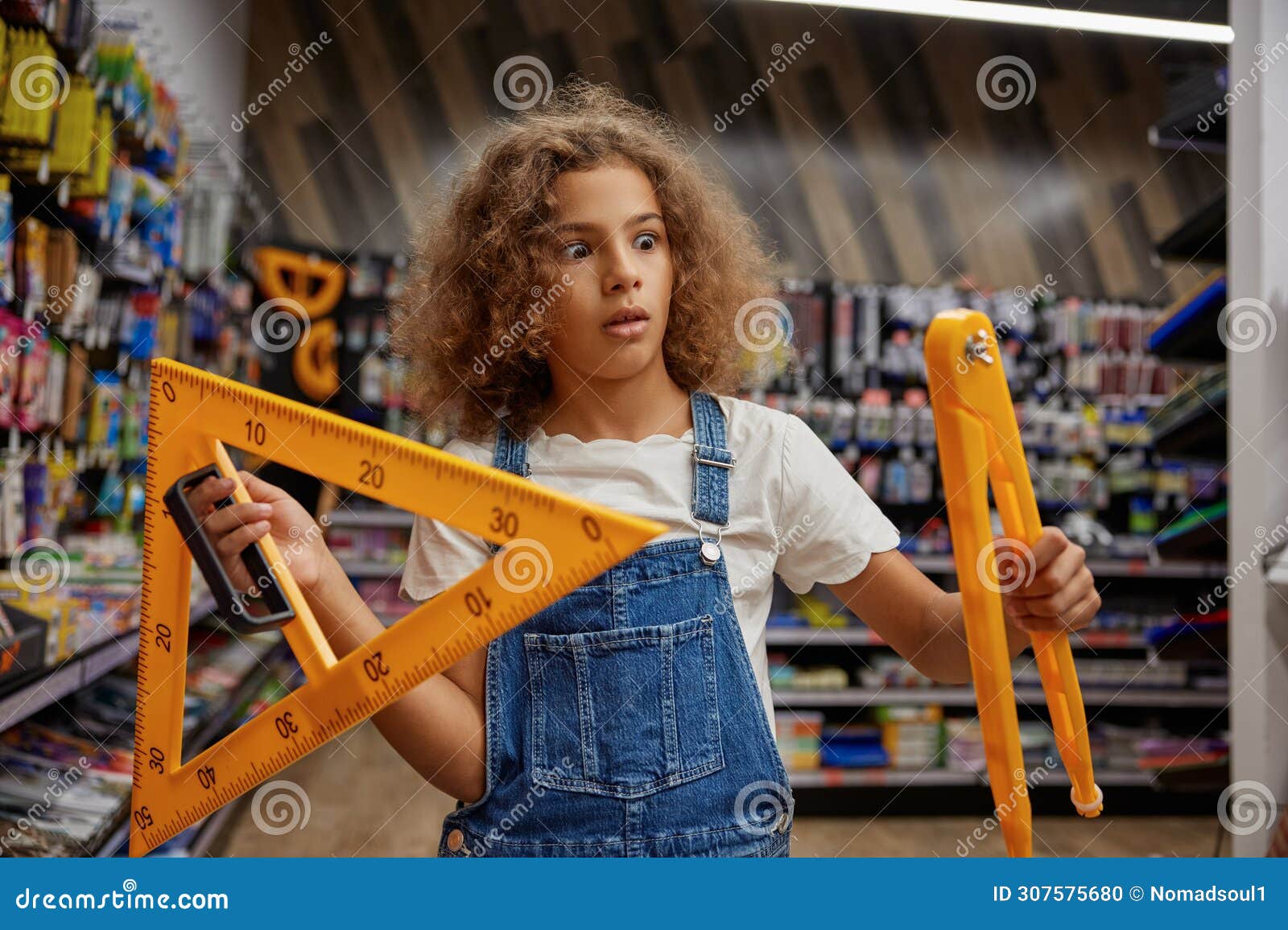 Shocked Girl Student Holding Huge Compass and Triangle Ruler Stationery ...