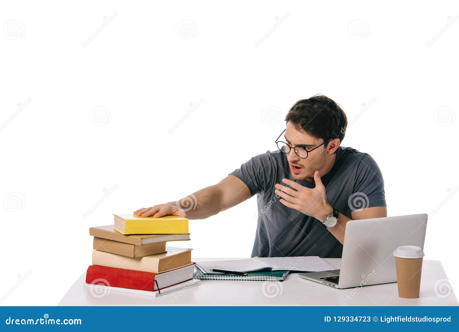 Shocked Handsome Student Looking at Stack of Books Stock Image - Image ...