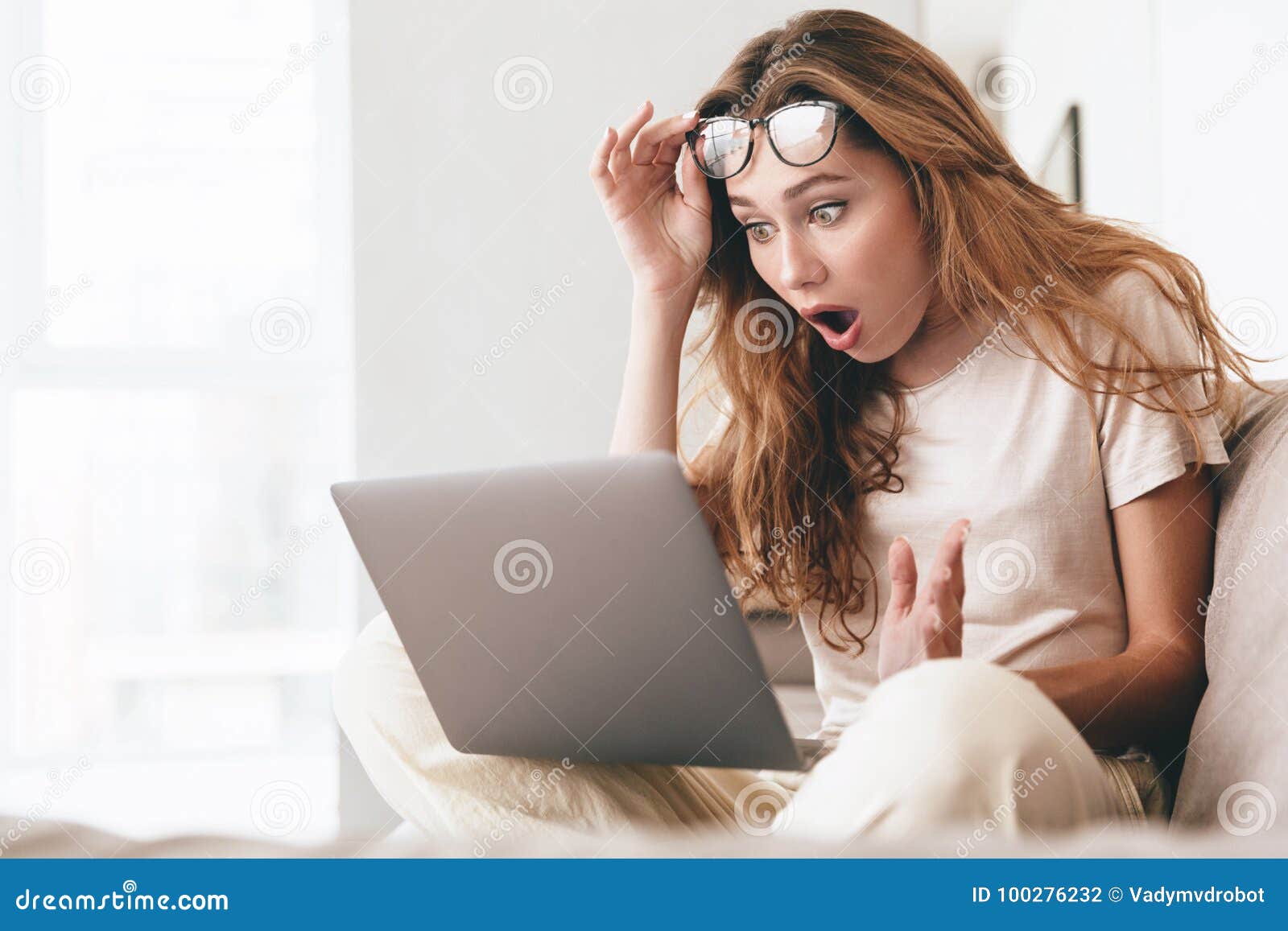 Shocked Lady Using Laptop Computer. Stock Photo - Image of people ...