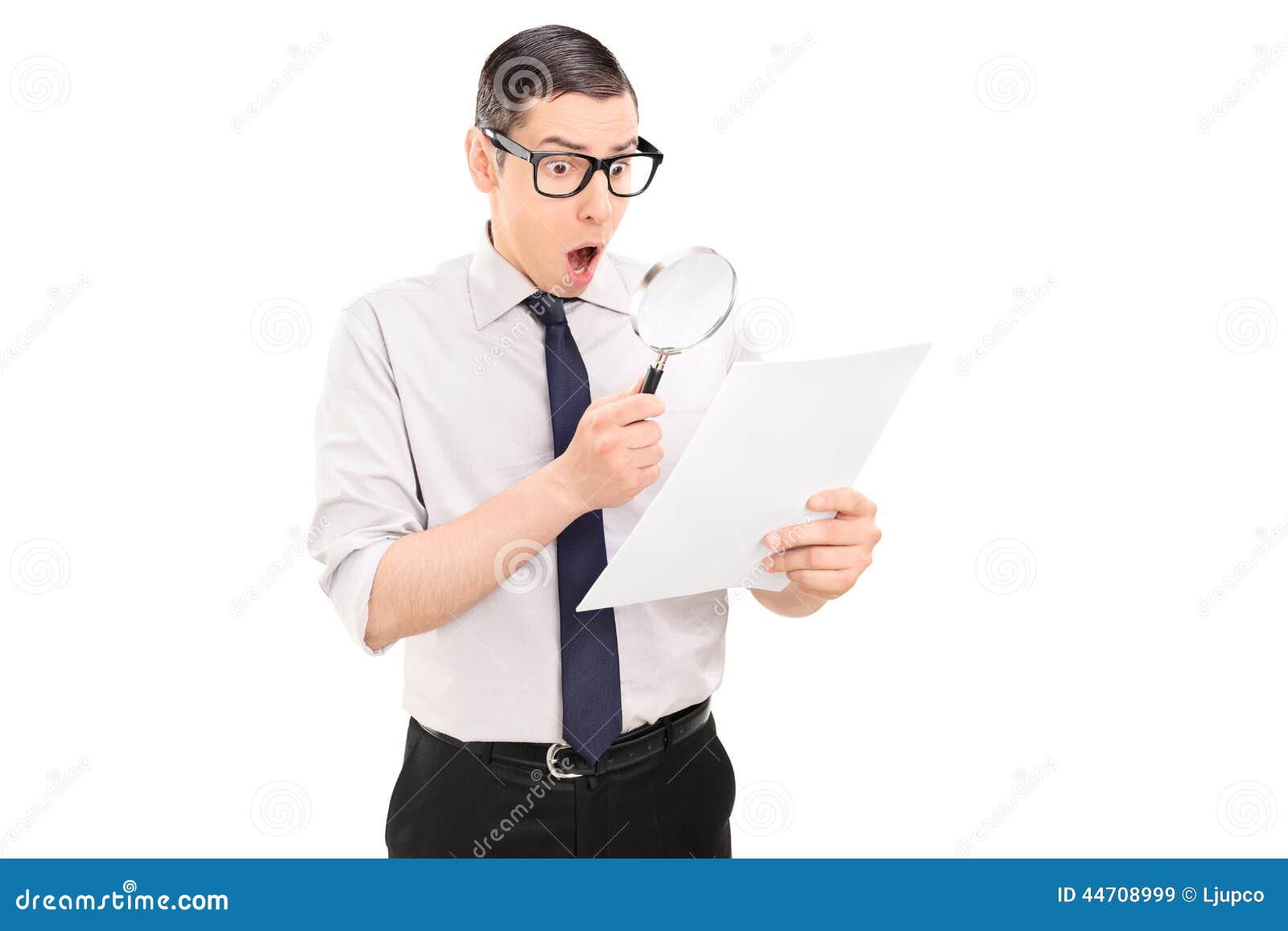 Shocked Man Looking At Document Through Magnifier Stock Photo - Image ...