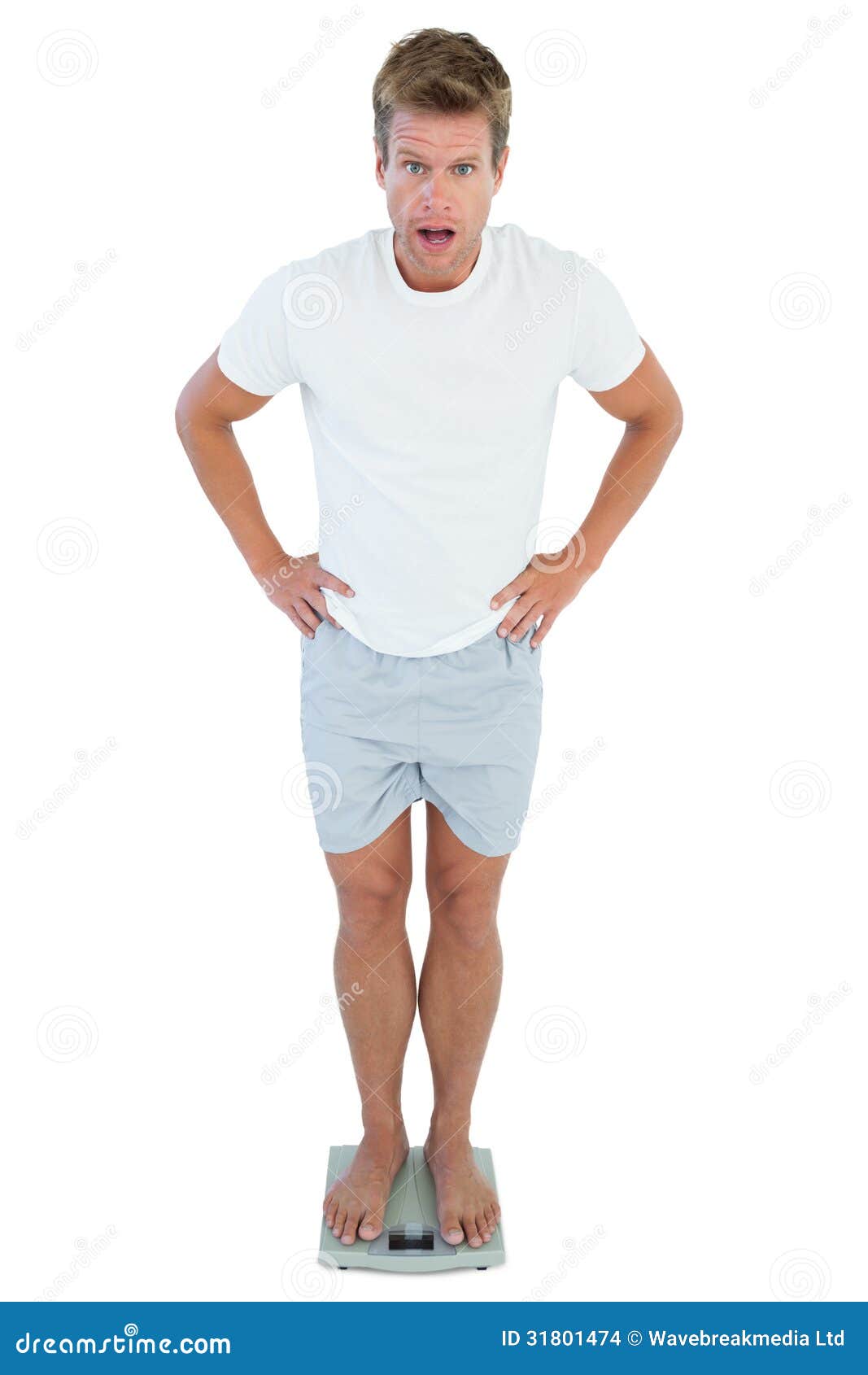 Shocked Man Standing on a Weighing Scale Stock Photo - Image of looking ...