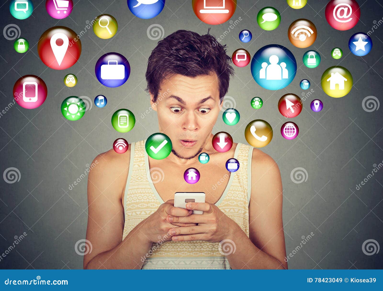 Shocked Man Using Smartphone Application Icons Flying Out of Cellphone ...