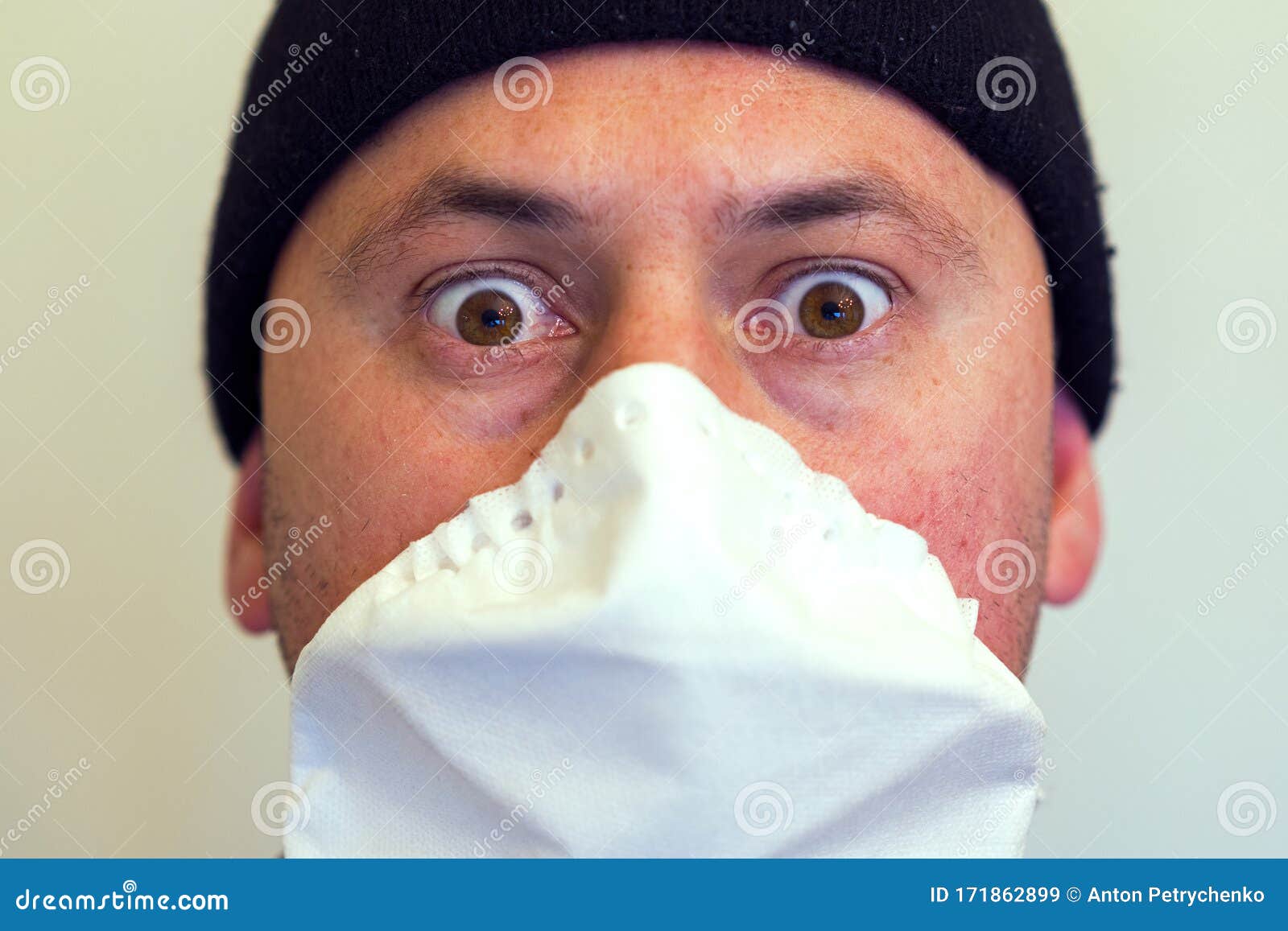 Shocked Masked Man Face. Virus Protection Concept Stock Image - Image ...