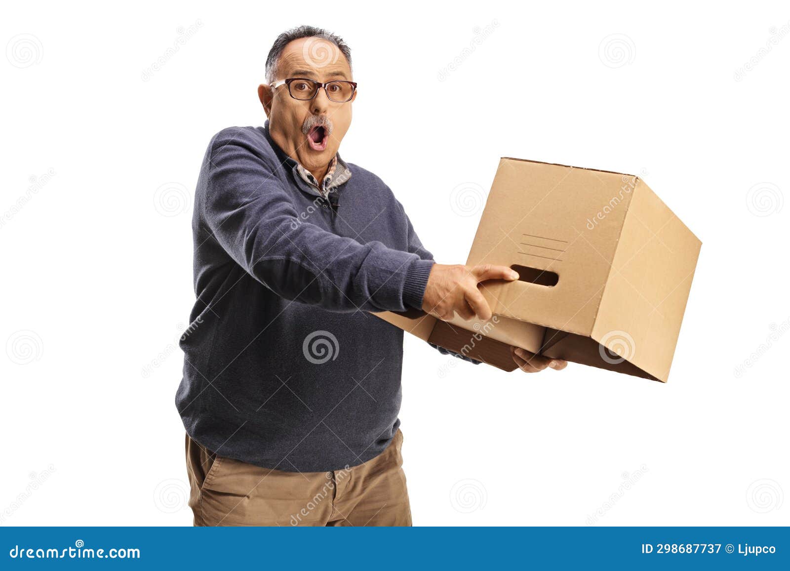 Shocked Mature Man Holding an Empty Cardboard Box Upside Down Stock ...