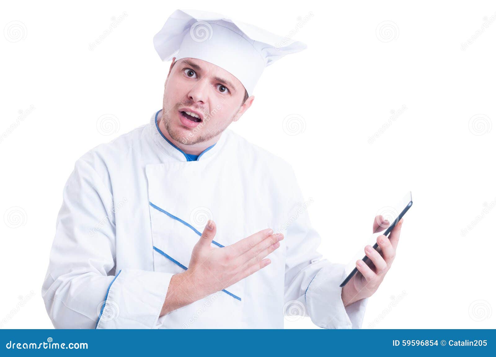 Shocked and Outraged Chef or Cook Holding a Tablet Stock Photo - Image ...