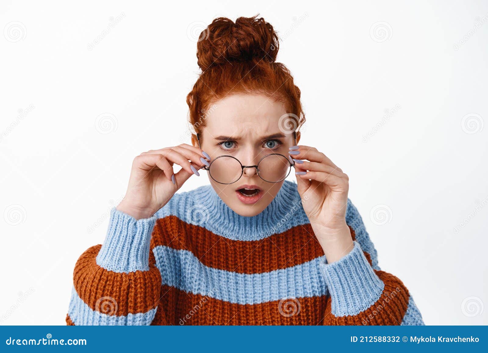 Shocked Redhead Woman With Hairbun Take Off Glasses Stare From Under
