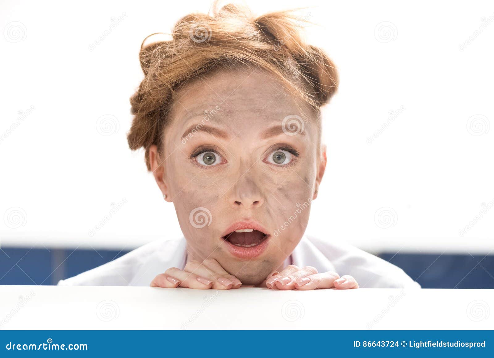Shocked Scientist Looking Out Behind Table after Experiment in Lab ...