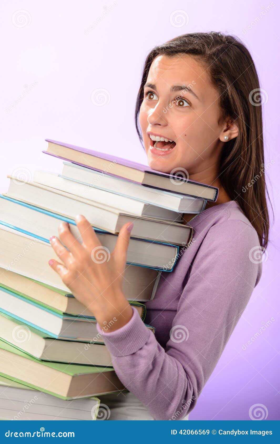 Shocked Student Girl Carry Stack of Books Stock Image - Image of ...