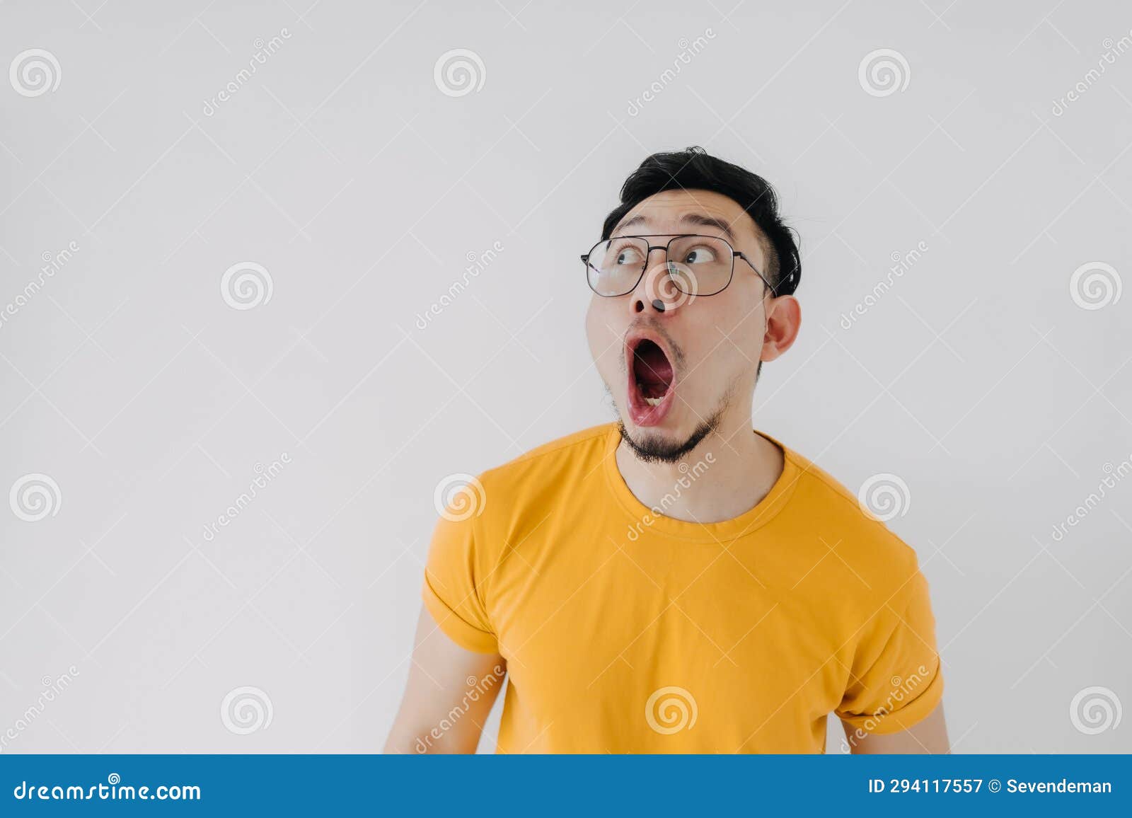 Shocked Surprised Face Asian Man Yellow T Shirt Eyeglasses Isolated On