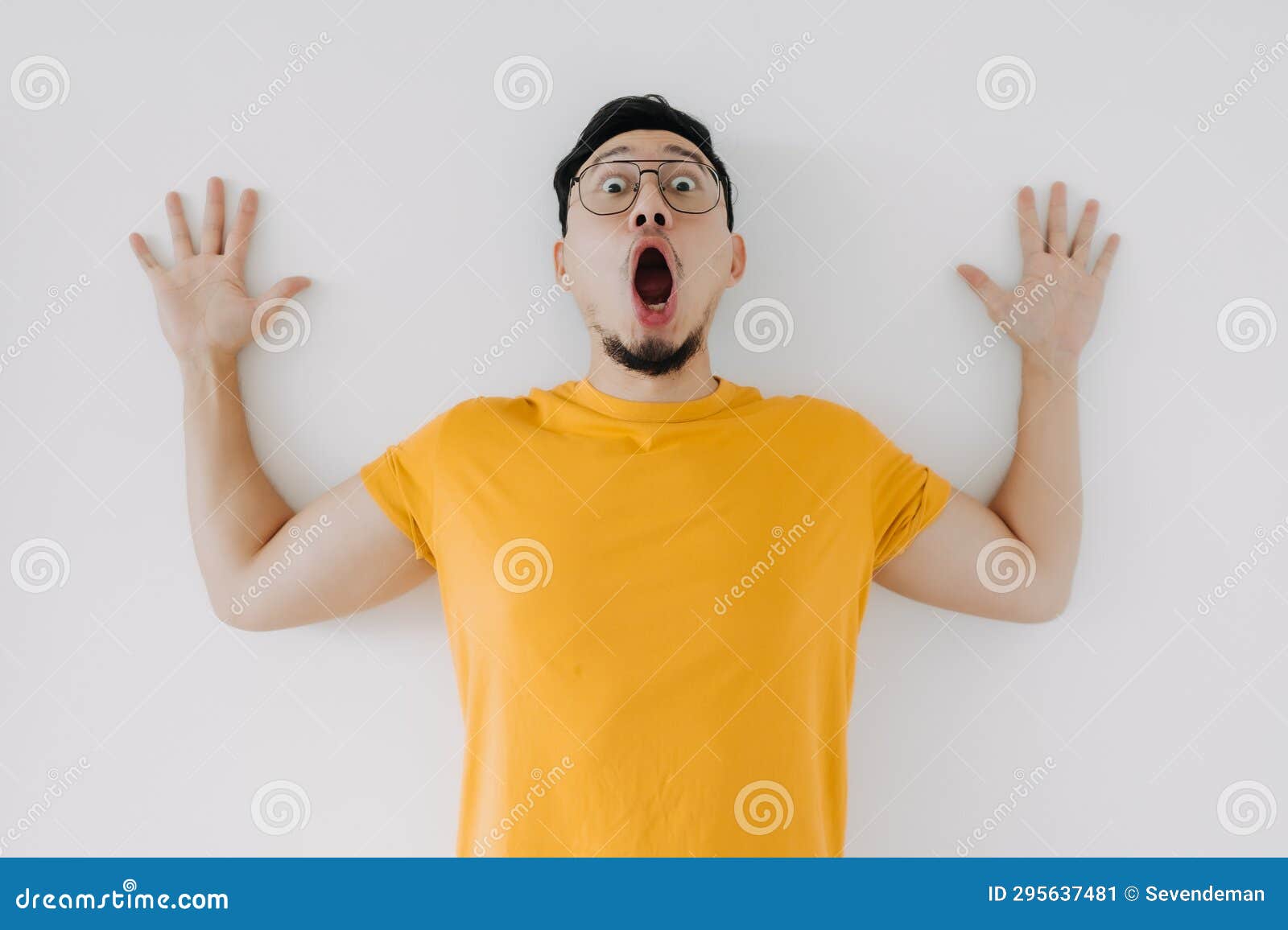 Shocked Surprised Face Asian Man Yellow T Shirt Eyeglasses Isolated On