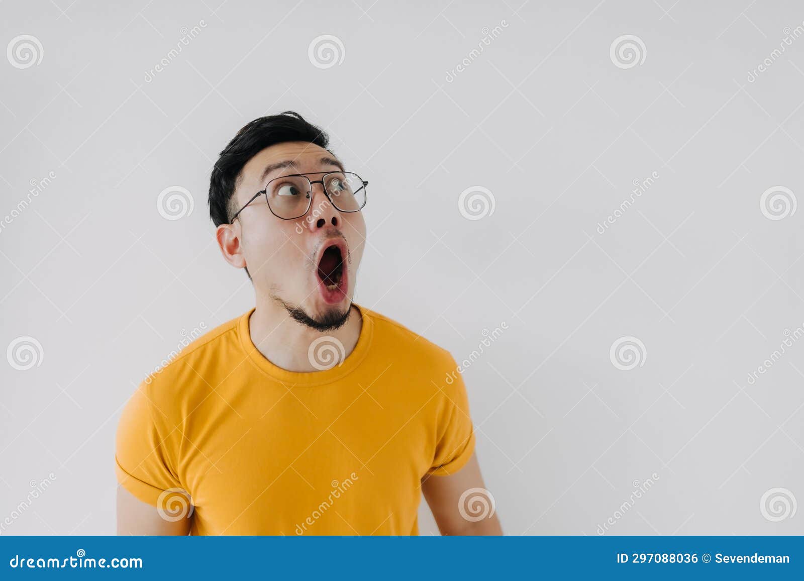 Shocked Surprised Face Asian Man Yellow T Shirt Eyeglasses Isolated On