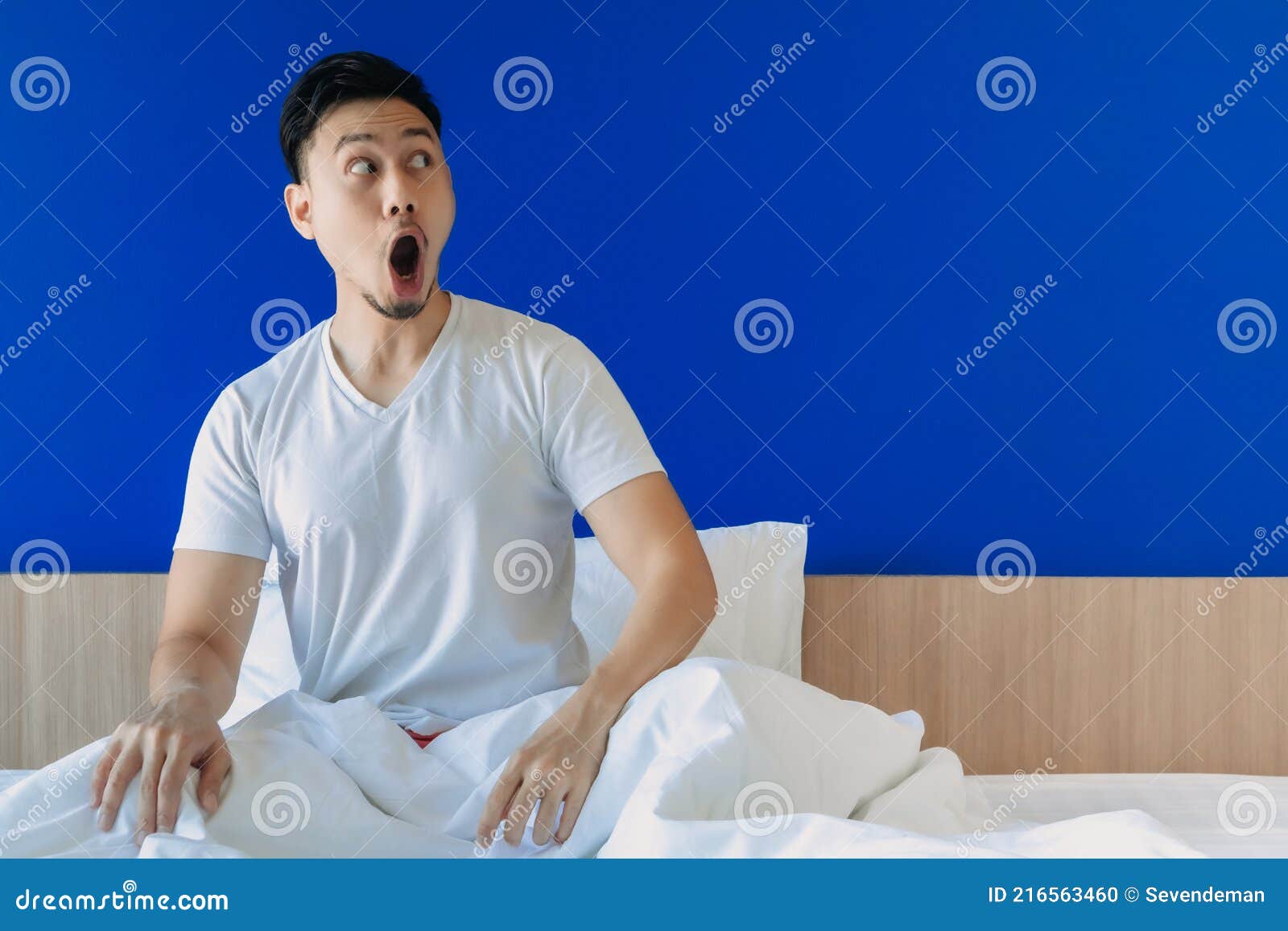 Shocked and Surprised Man Look at Empty Space Just Wake Up on the Bed ...