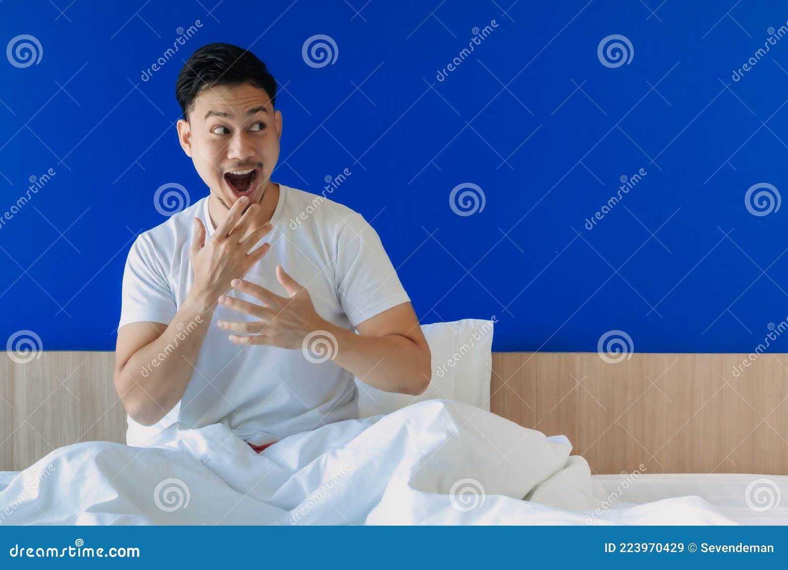 Shocked and Surprised Man Look at Empty Space Just Wake Up on the Bed ...