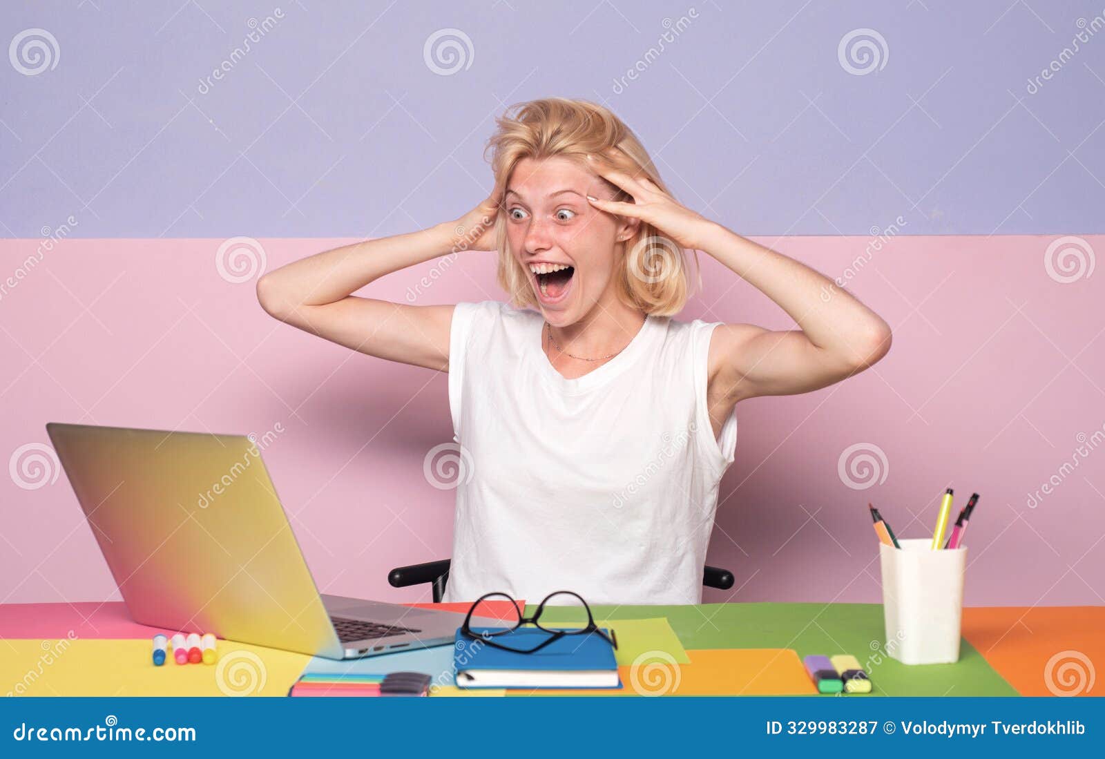 The Shocked Teacher Use Notebook in the Classroom on Color Background ...