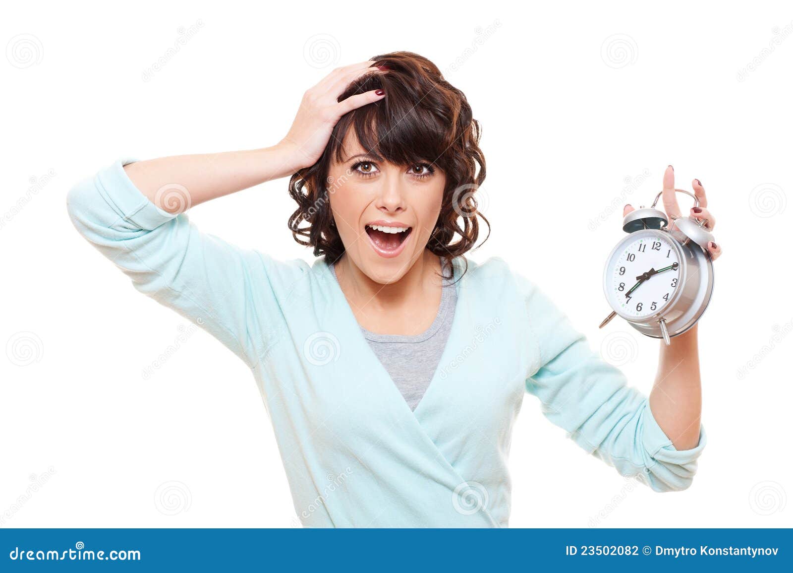 Shocked Woman with Alarm Clock Stock Photo - Image of panic, expression ...