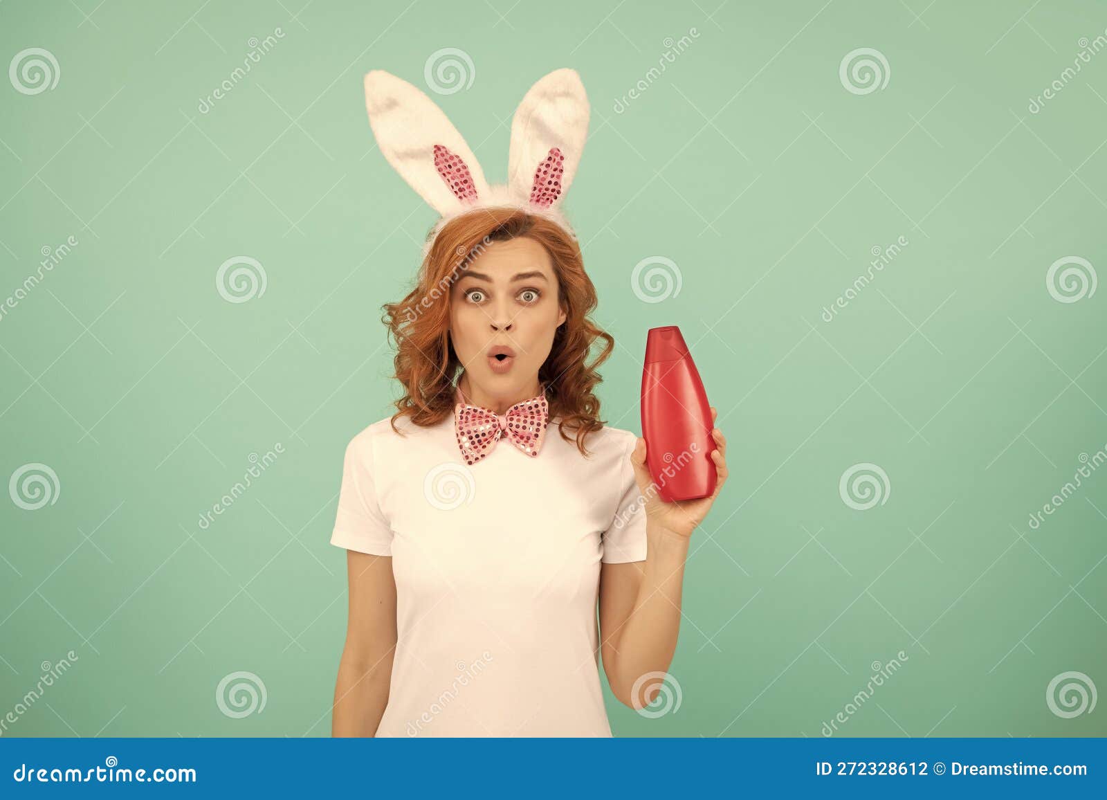 Shocked Woman in Easter Bunny Ears with Shampoo Stock Photo - Image of ...