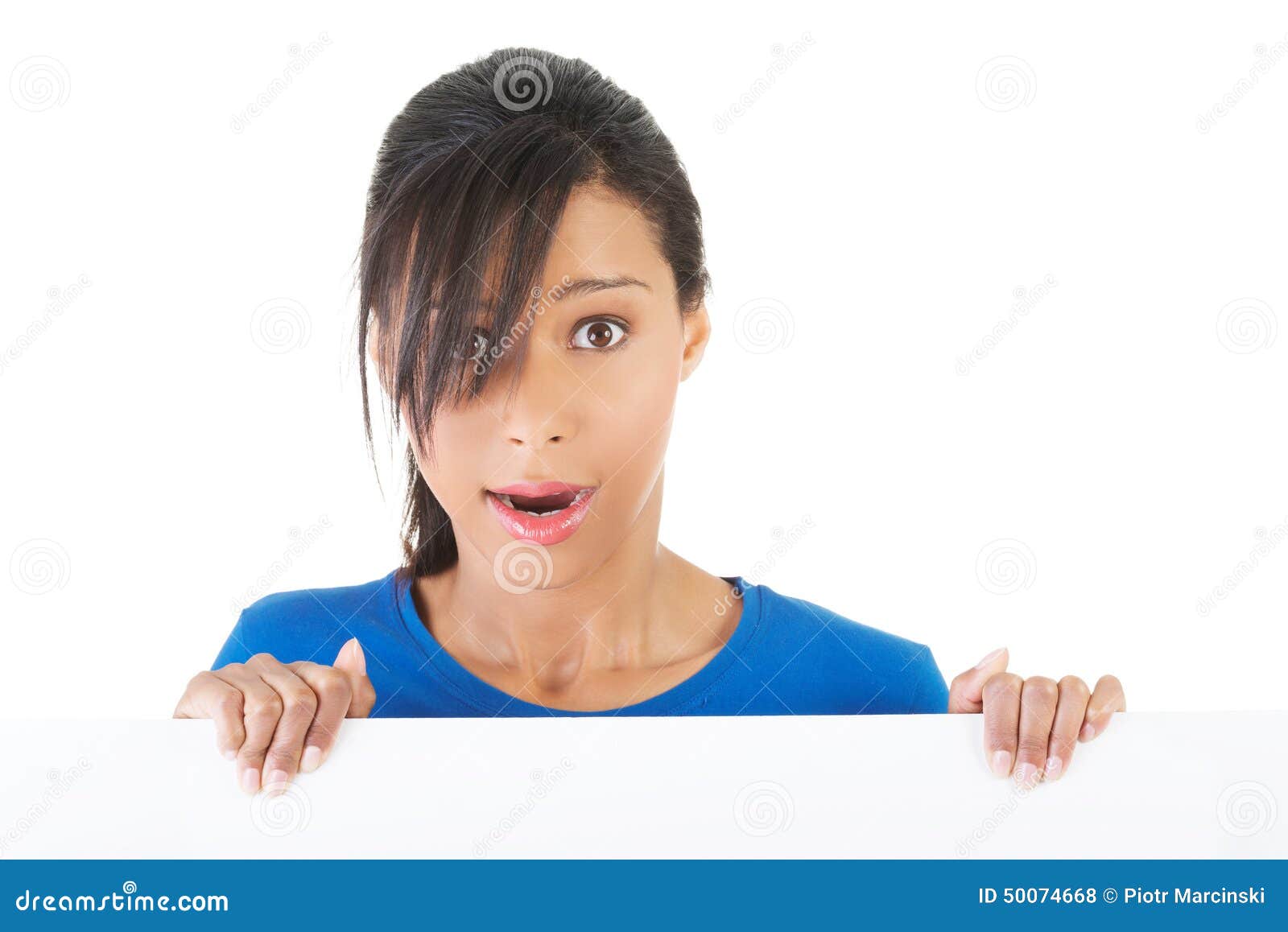 Shocked Woman Holding Blank Banner Stock Photo - Image of copy ...