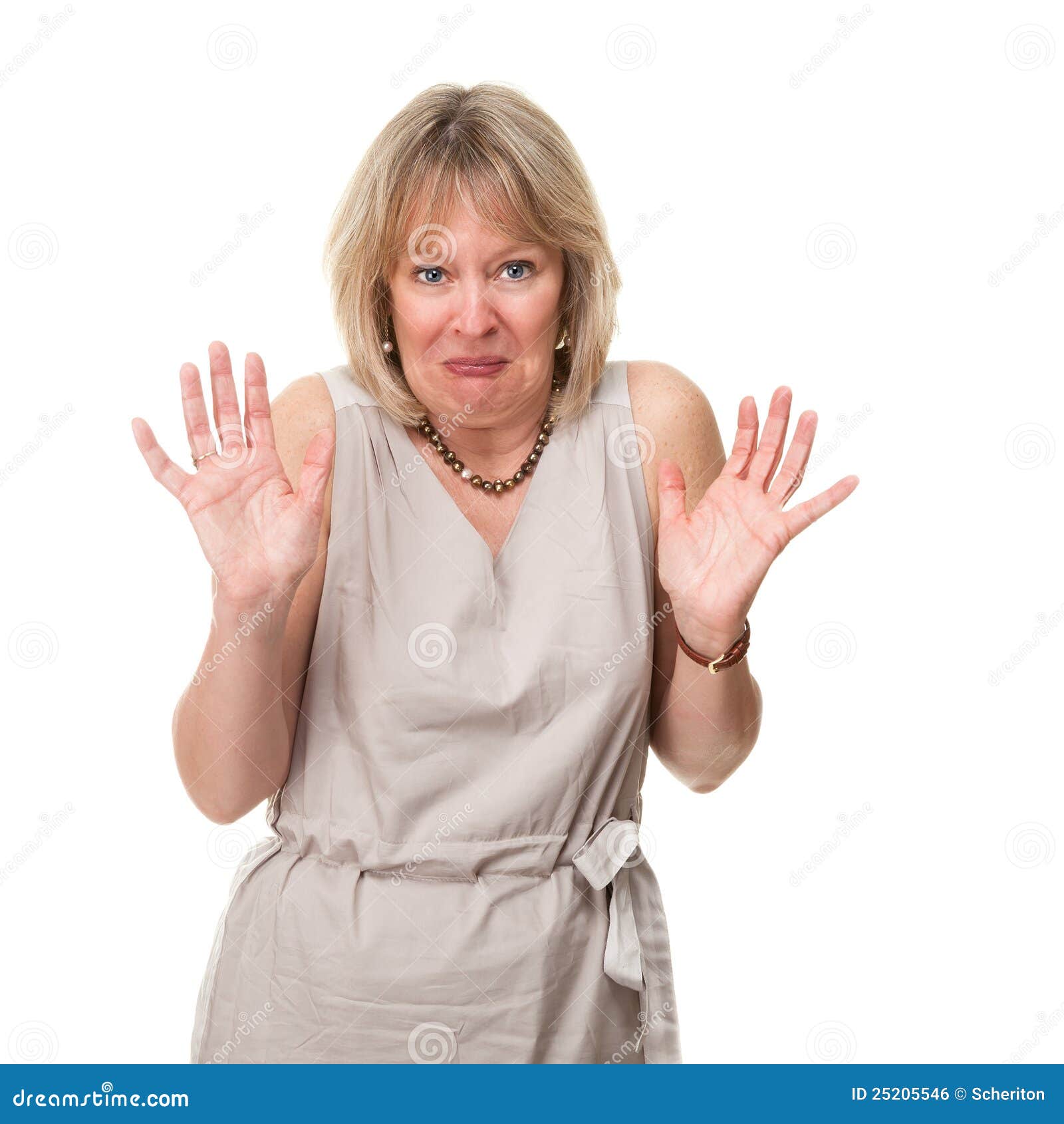 Shocked Woman Holding Up Hands Stock Photo - Image of camera, blonde ...