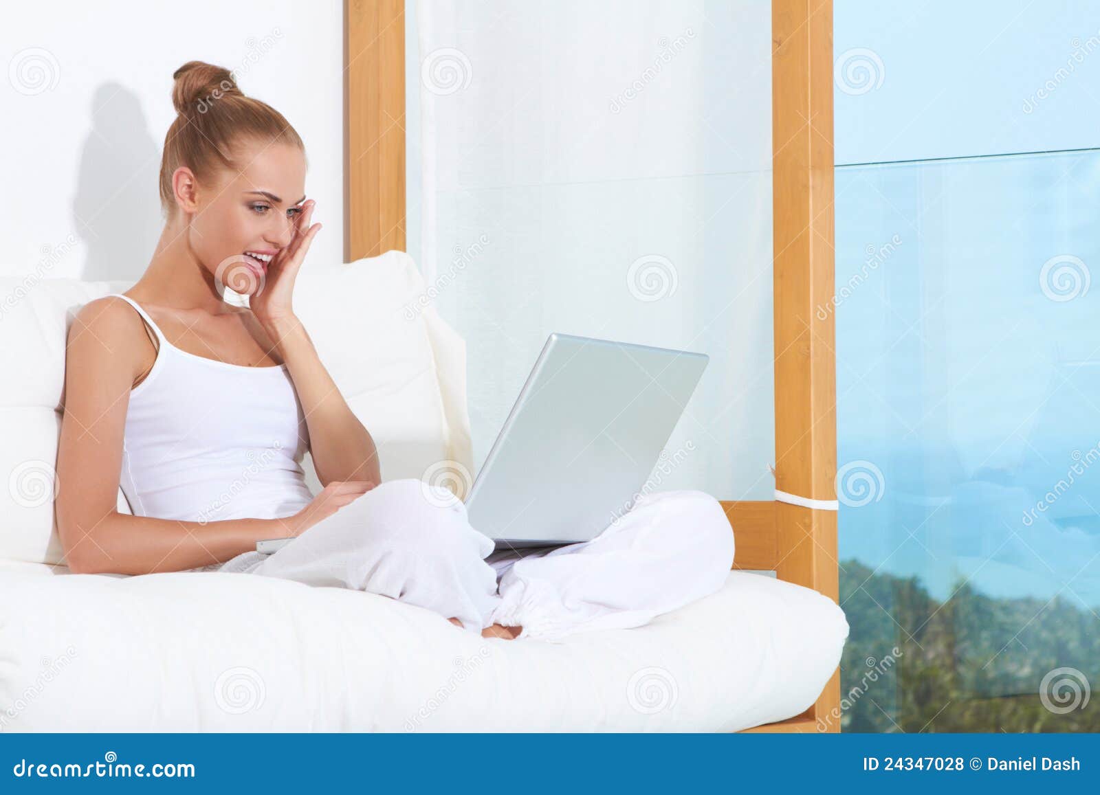 Shocked Woman Laughing with Laptop Stock Photo - Image of communication ...