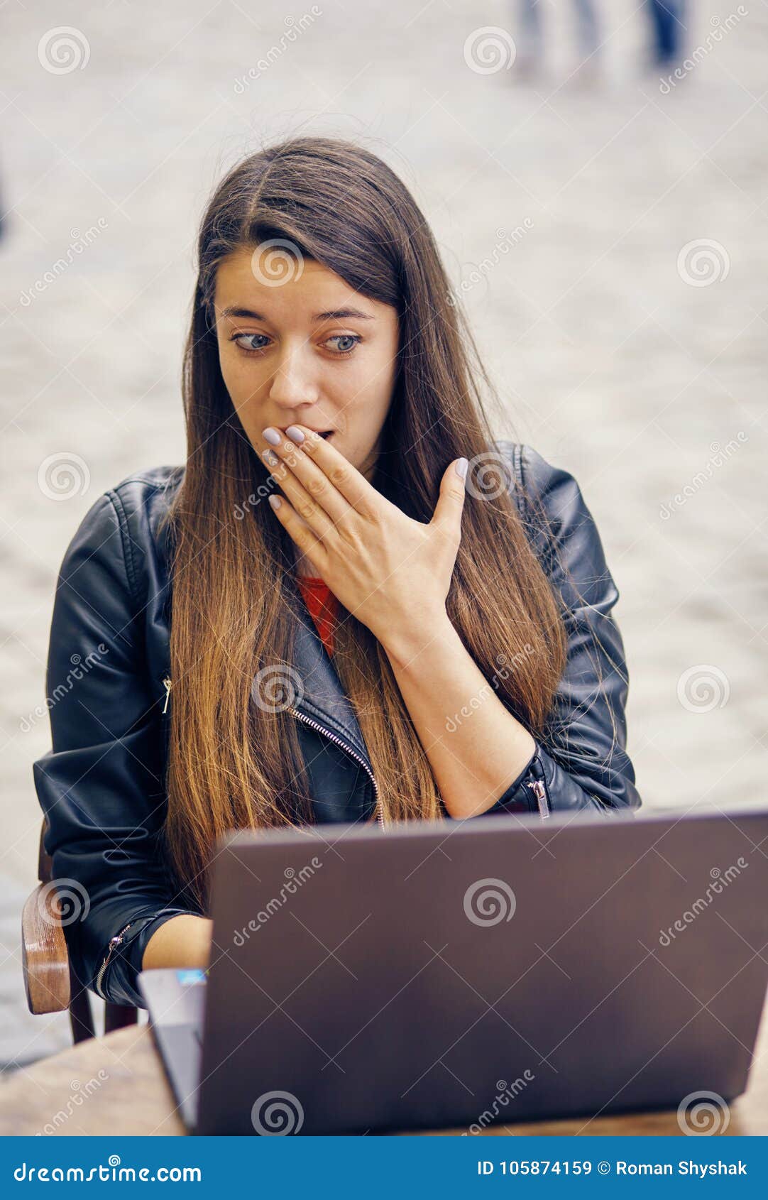 Young Woman Sit Down on Wood Table Working on Computer Stock Image ...