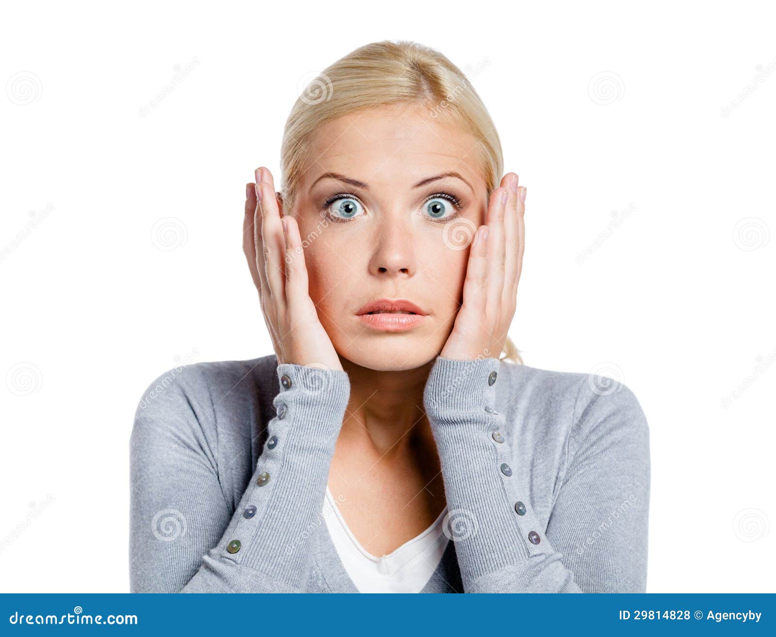 Shocked Woman Puts Hands on Head Stock Photo - Image of horizontal ...