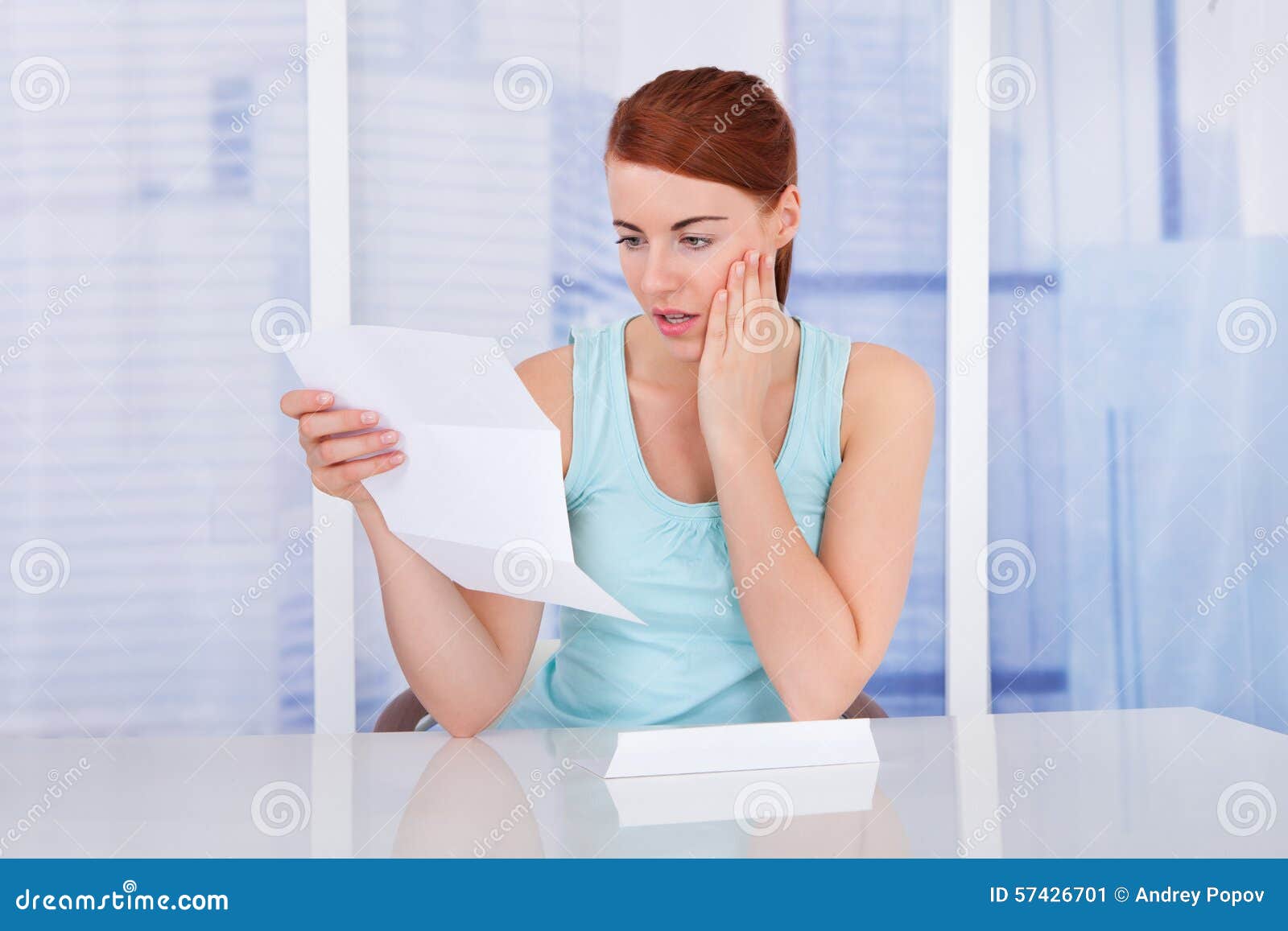 Shocked Woman Reading Bill at Desk Stock Image - Image of lifestyle ...