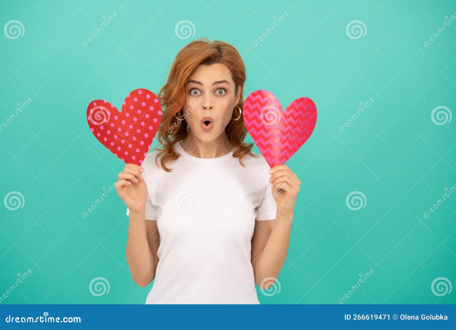 Shocked Young Lady with Red Heart on Blue Background Stock Image ...