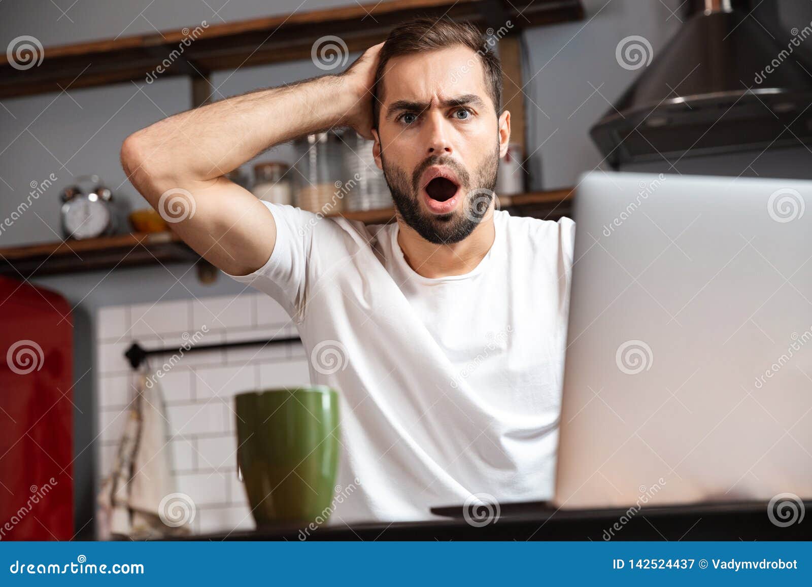 Shocked Young Man Using Laptop Computer Stock Image - Image of adult ...