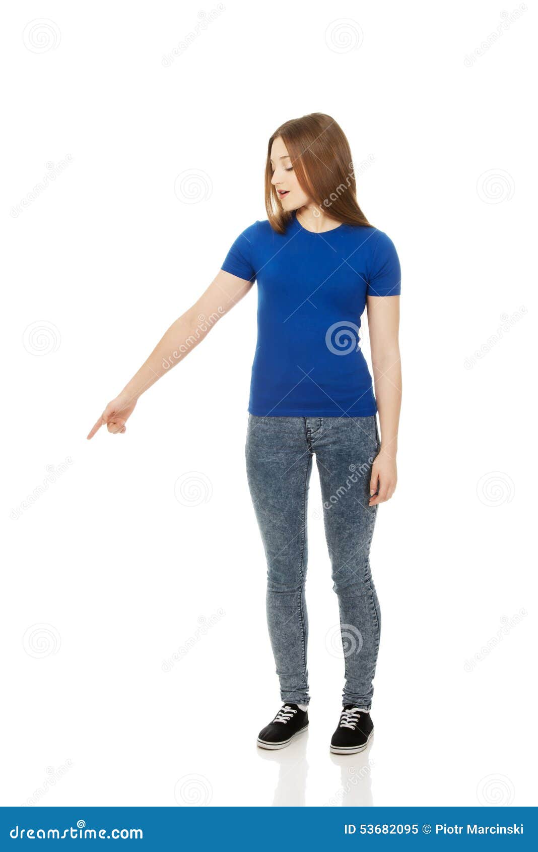 Shocked Young Woman Pointing Down. Stock Image - Image of presentation ...
